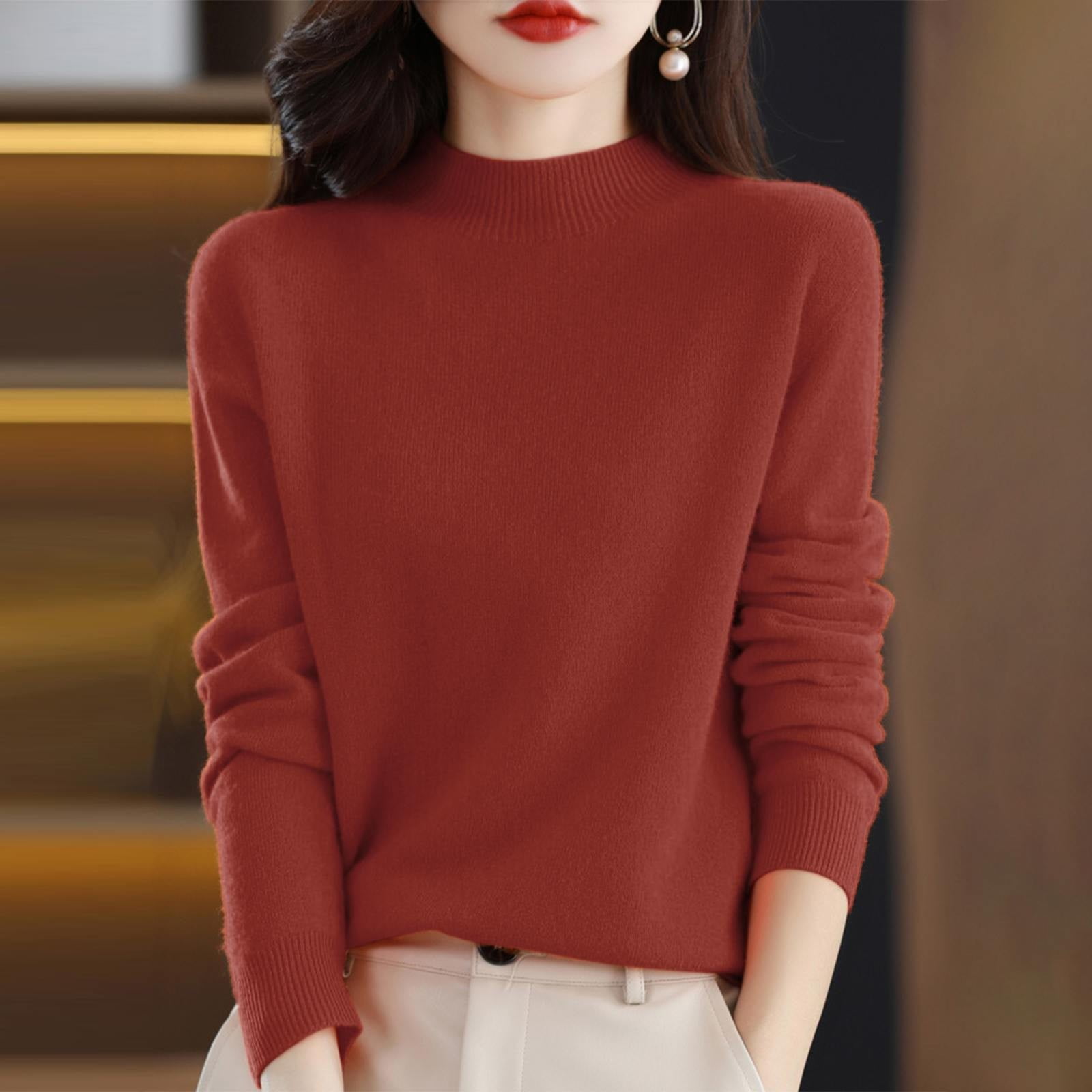 Red Women's Casual Sweatshirt Semi Turtleneck Sweater Long Sleeve Solid ...