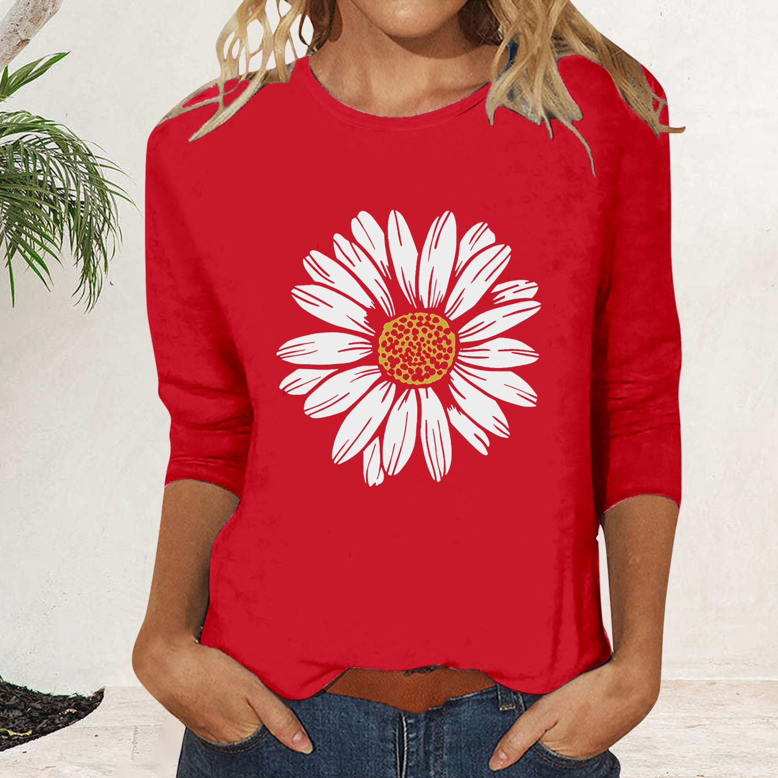 Red Womens Blouses Women's Crew Neck Printed Seven Quarter Sleeve ...