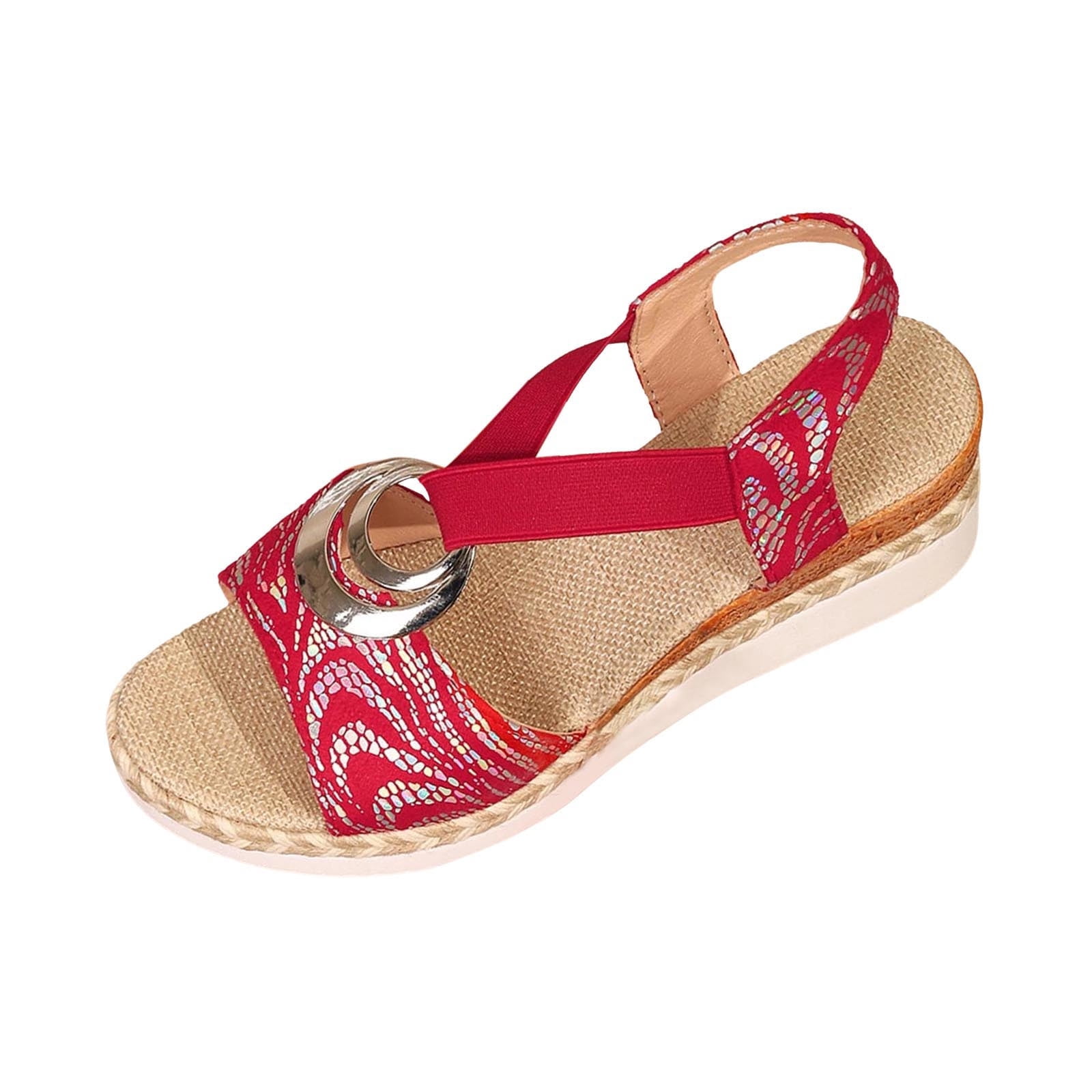 Red Womens Metal Buckle Decor Rope Wedge Heel Fish Mouth Sandals Light ...