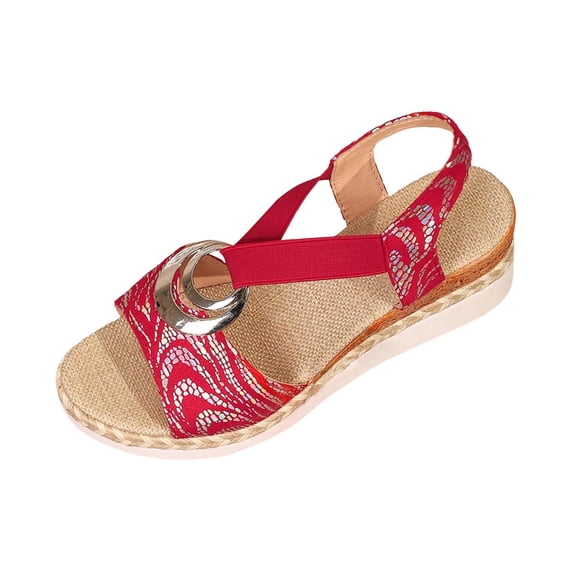 Red Womens Metal Buckle Decor Rope Wedge Heel Fish Mouth Sandals Light ...