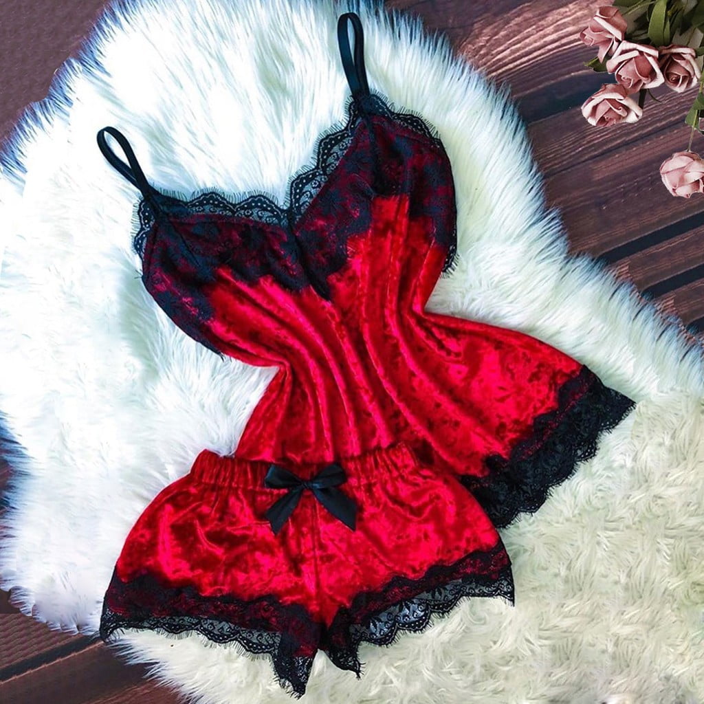 Red Womens Pajama Sets Shorts, Polyester Summer Pajamas for Women ...
