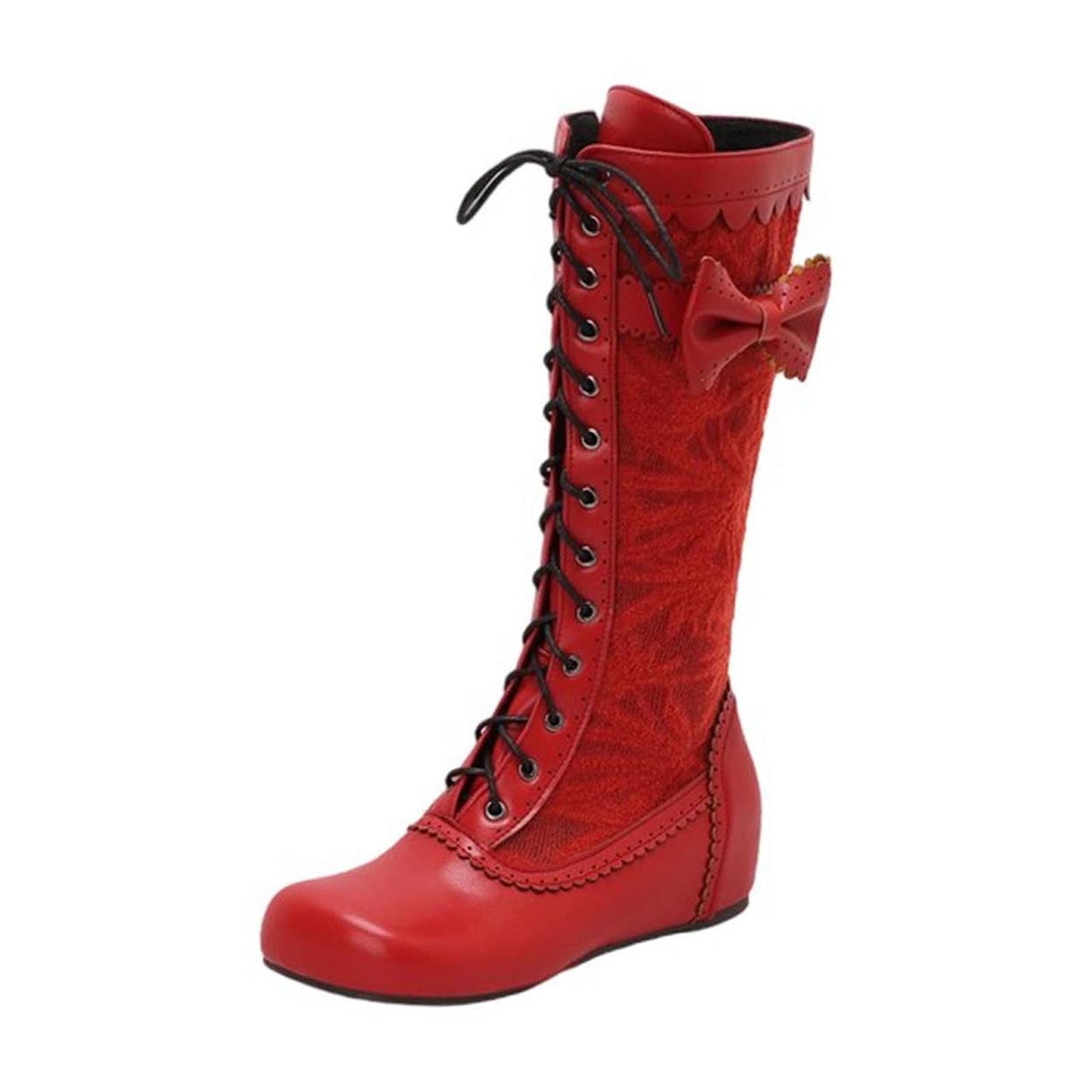 Red Womens Red Pu Knee-High Boots With Bow Detail And Side Zipper For ...