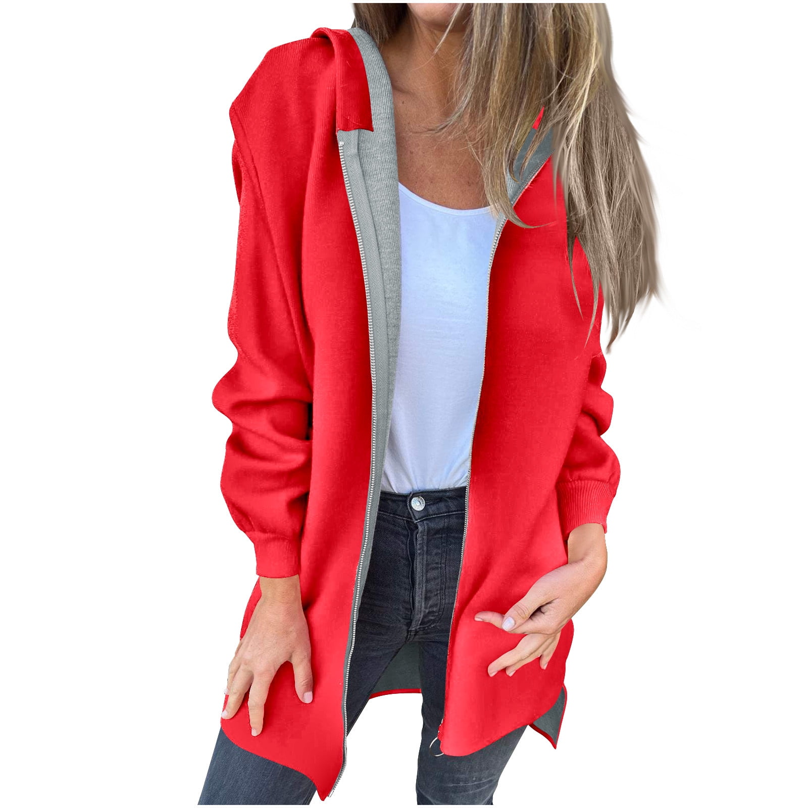 Red Womens Spandex Zip Up Jackets Hood Outfit for Women Long Hooded ...