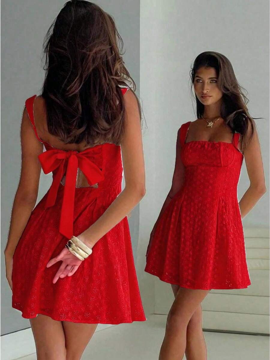 Red Womens Square Neck Sleeveless A-Line Mini Dress With Back Self-Tie ...