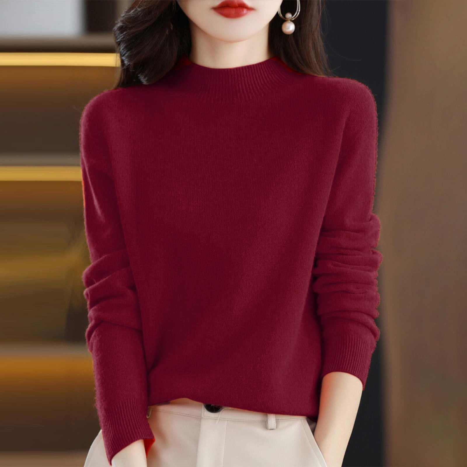 Red Womens Sweaters, Women'S Semi Turtleneck Sweater Long Sleeve Solid ...