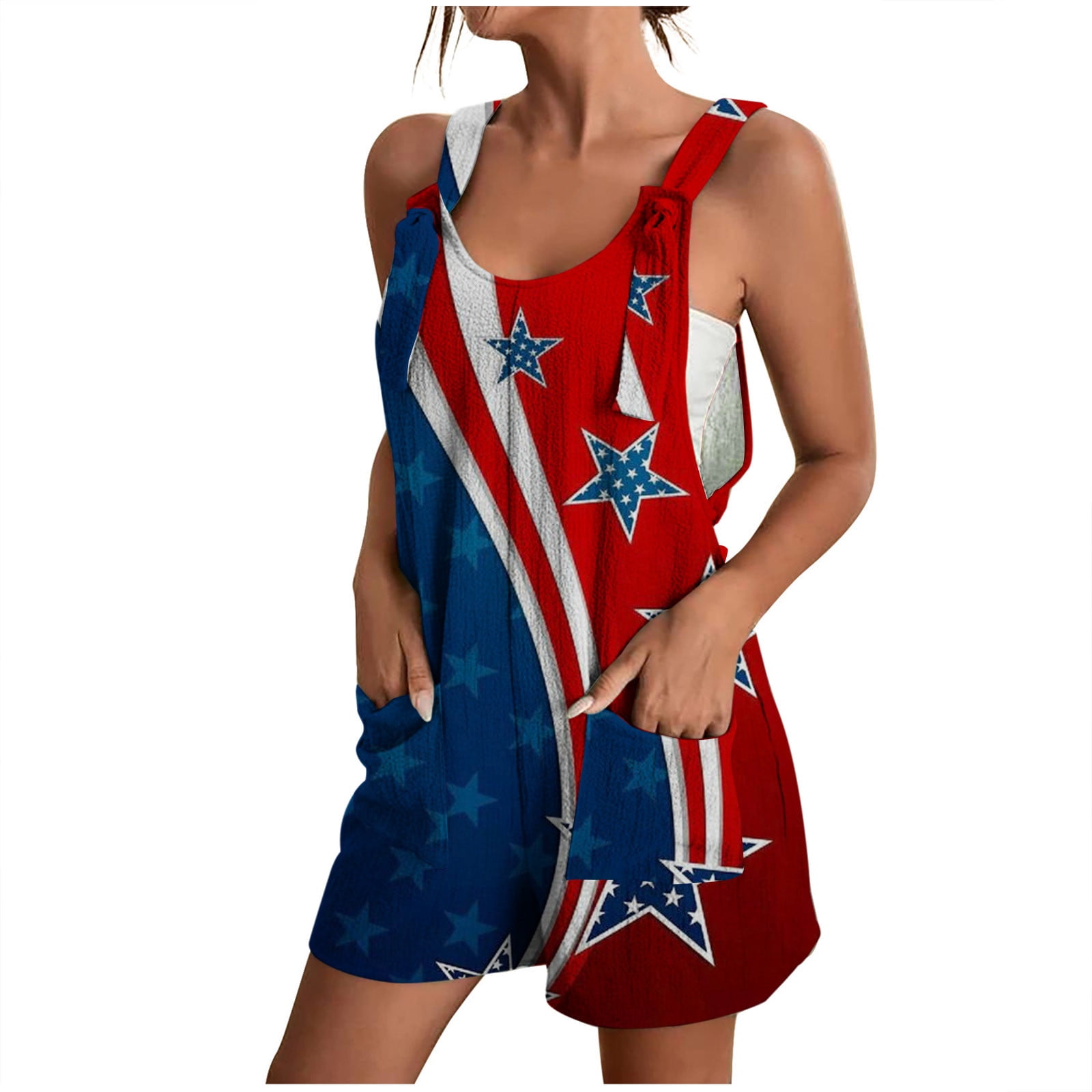 Red Womens Thin Straight Leg Overalls Shortalls Usa Flag Graphic Loose ...