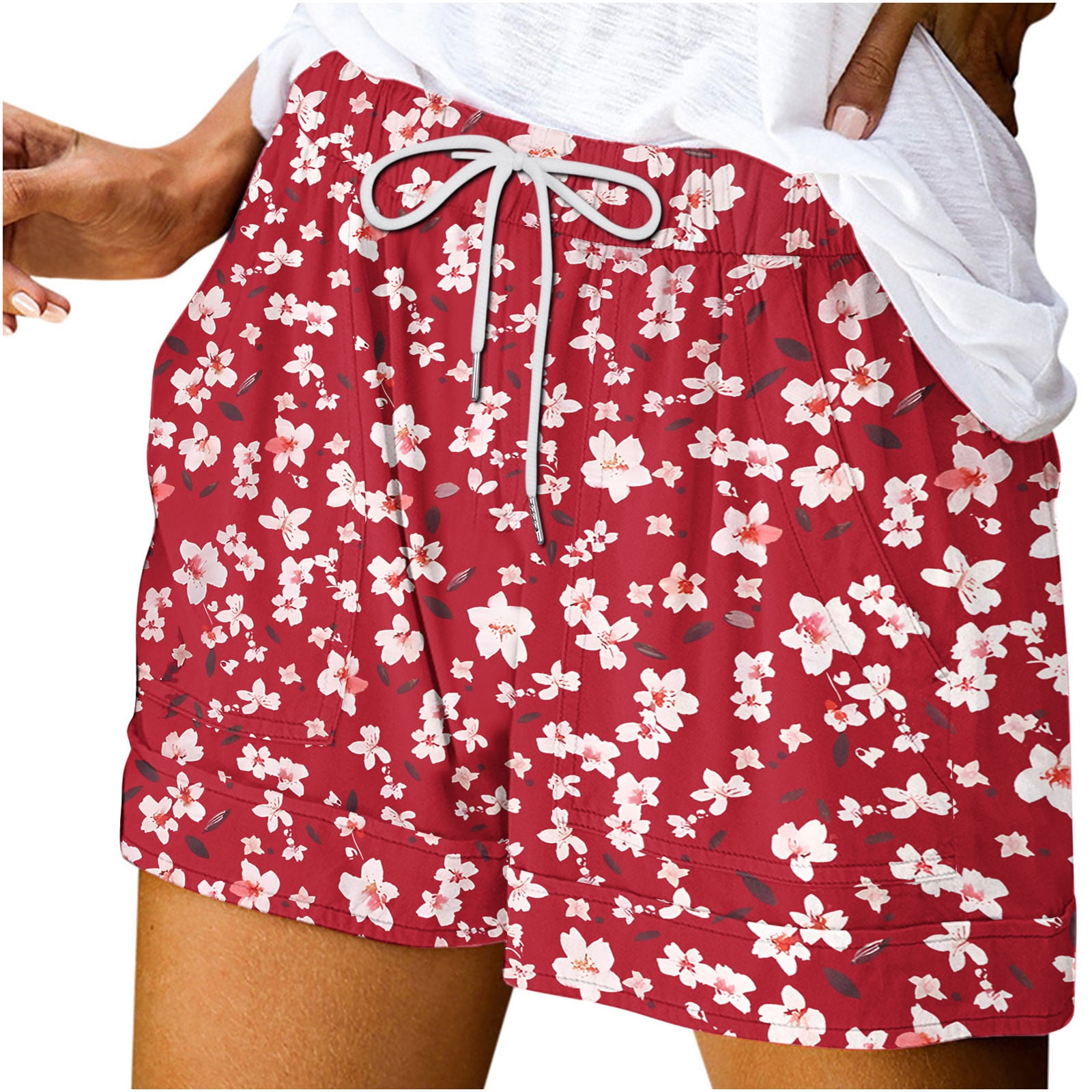 Red Womens Tie Knot Straight Leg Floral Graphic Loose Fit Shorts for ...