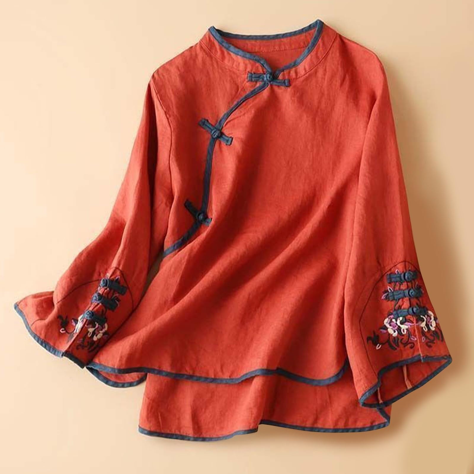 Red Womens Tops Chinese Traditional Suit Blouse Women Embroidery Cotton ...
