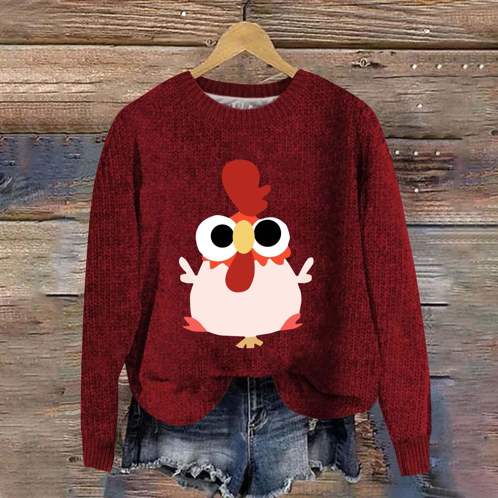 Red Womens Tops Cute Little Turkey Graphic Long Sleeve Knit Sweater ...