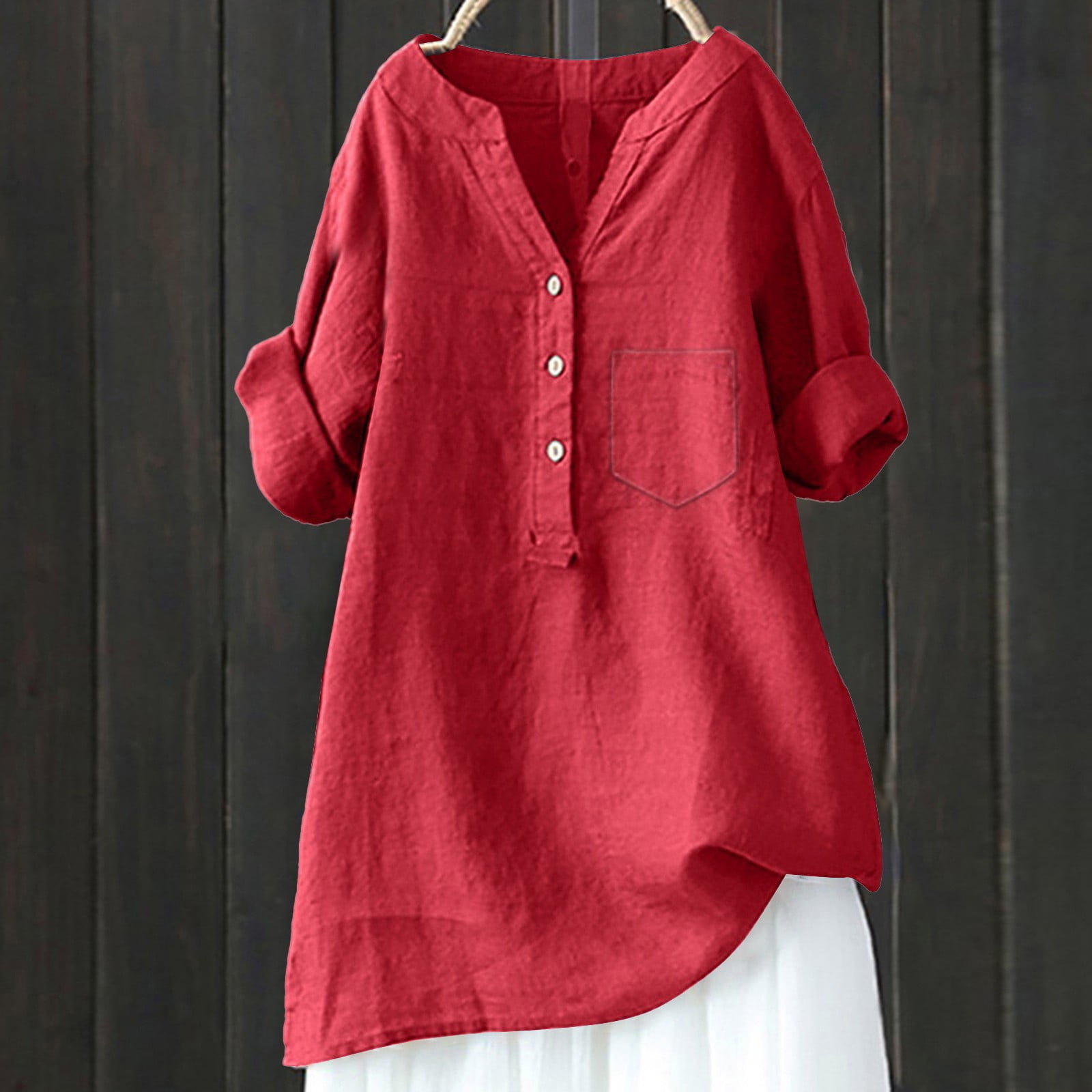 Red Womens Tops Loose Button Shirt Top Stand Solid Color Sleeve Collar ...