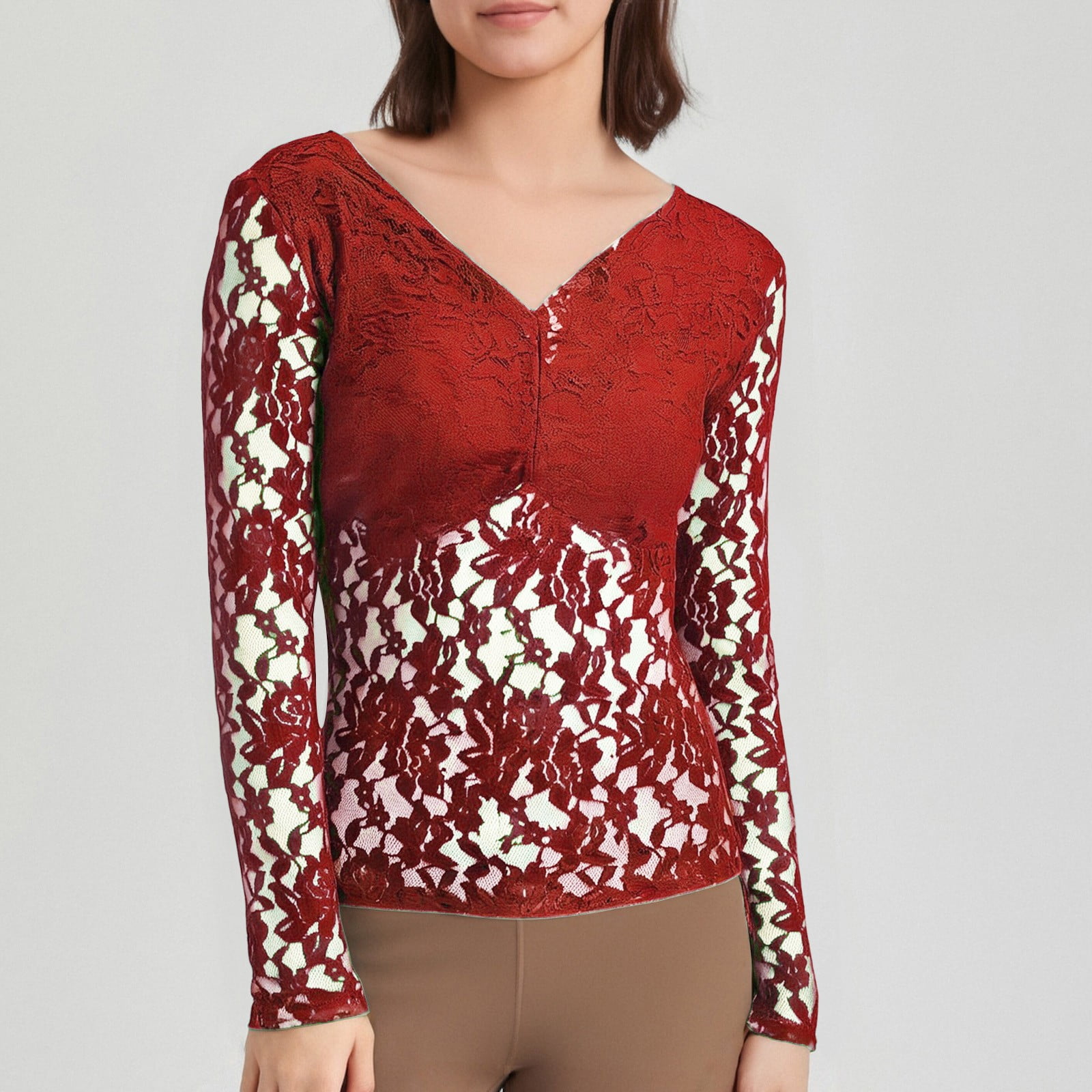 Red Womens Tops Women's Spring Solid Color V Shaped Collar Slim Fit ...