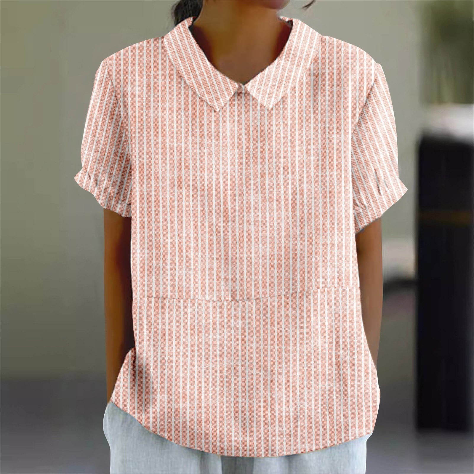Red Womens Tops Womens Summer Tops Lapel Retro Striped Back Button ...