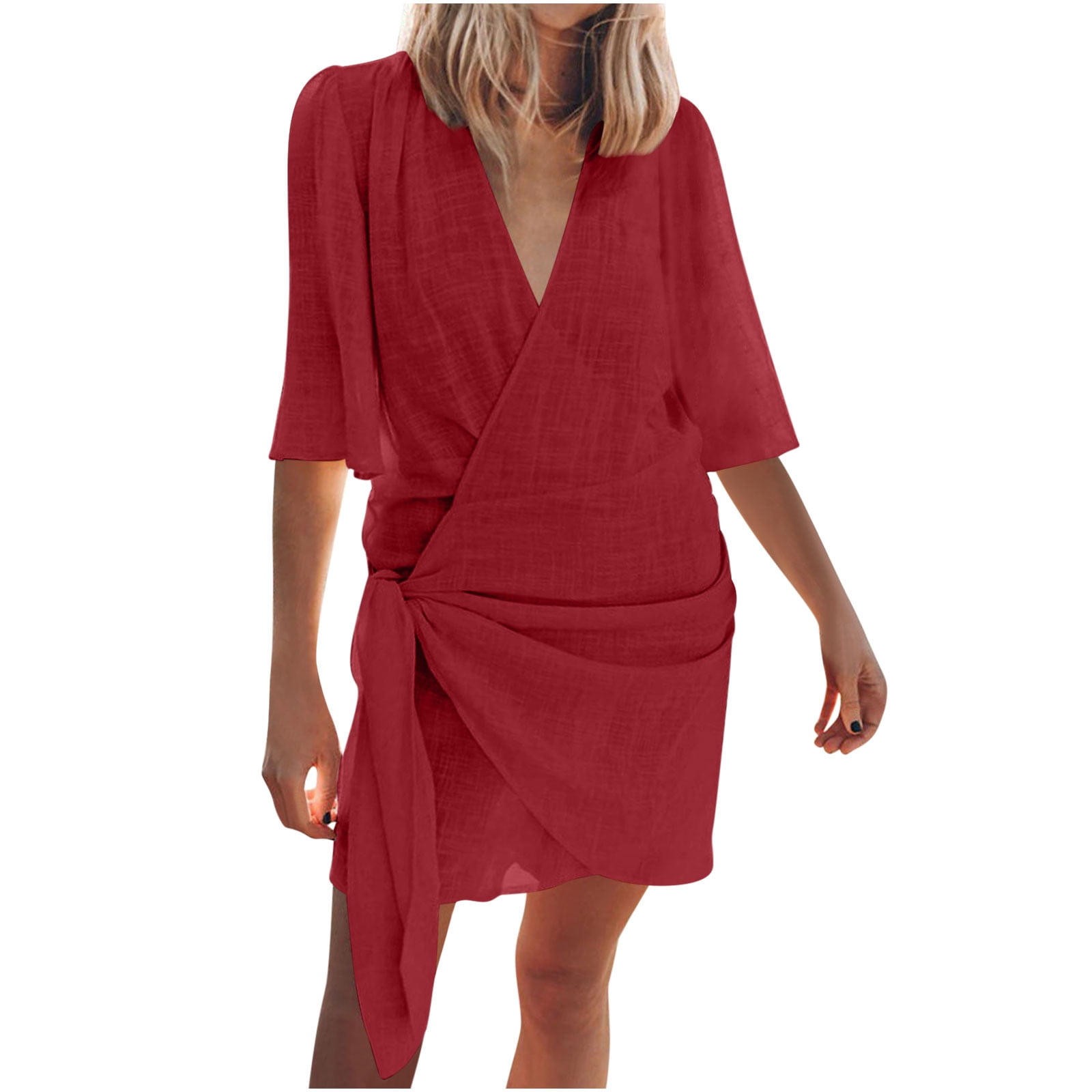 Red Womens Wrap Tie Knot Criss Cross Plain Midi Mini Little Knee High ...