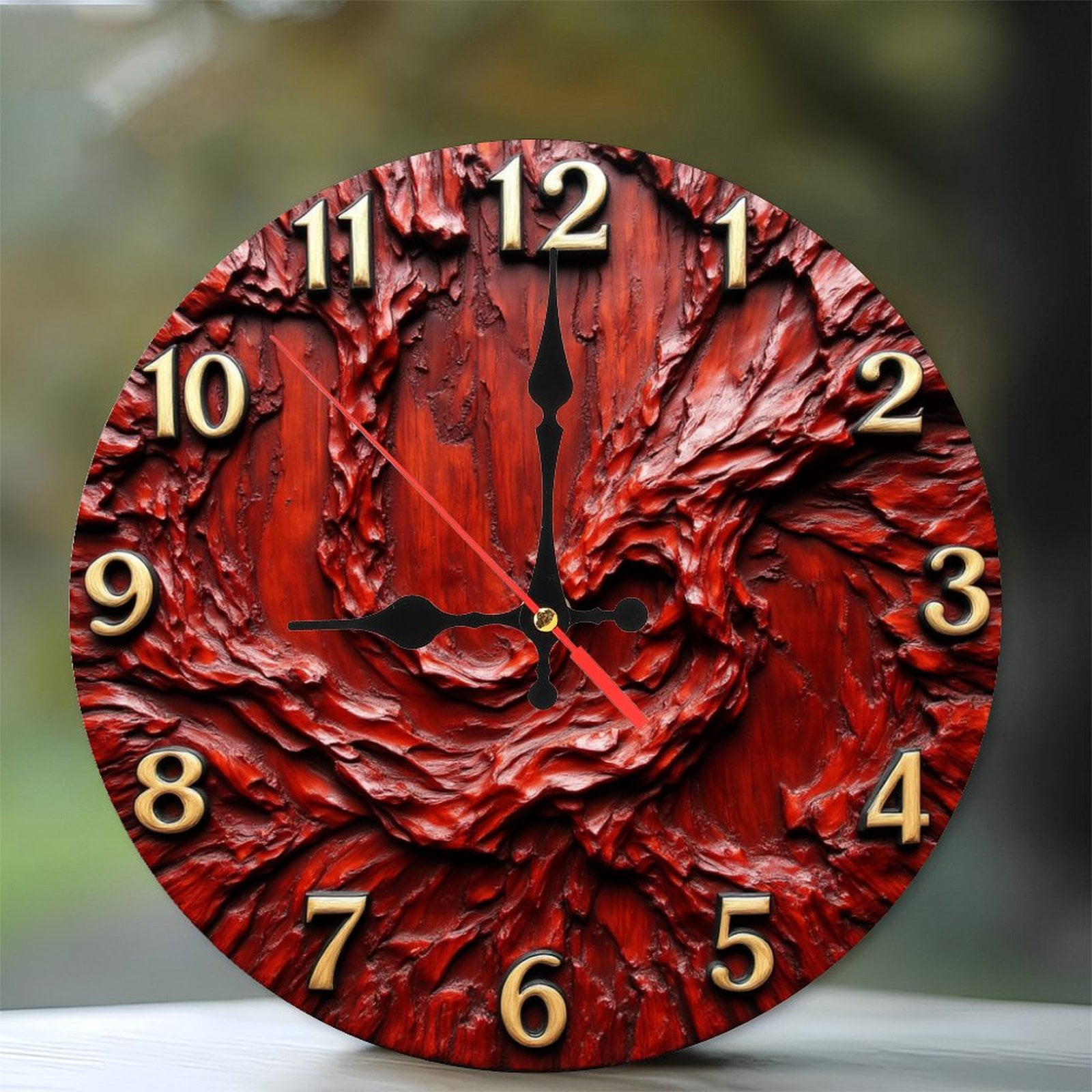 Red Wood Carved Wall Clock Rustic Texture Home Decor 10-Inch Silent ...