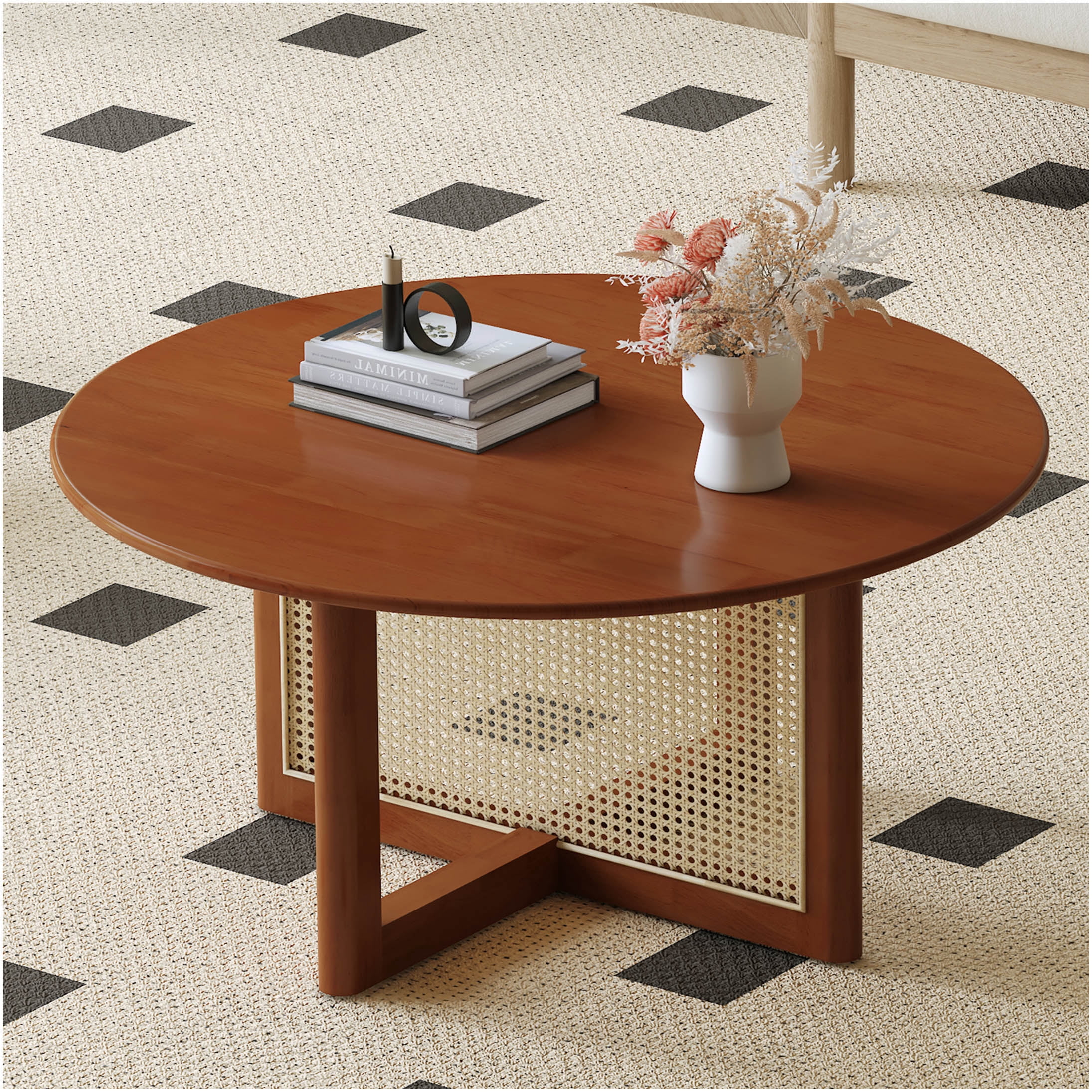 Red Wood Coffee Table with Rattan Accents, Modern Living Room Center ...
