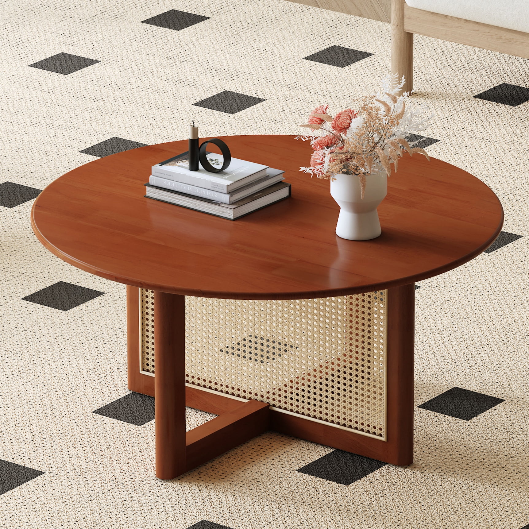Red Wood Coffee Table with Rattan Details / Suited for Relaxing in ...