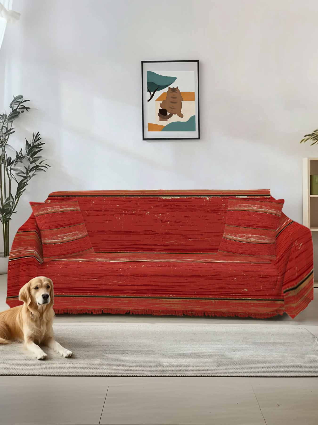 Red Wood Grain Couch Cover for 2 Cushion Sofa, Farmhouse Vintage Wooden ...