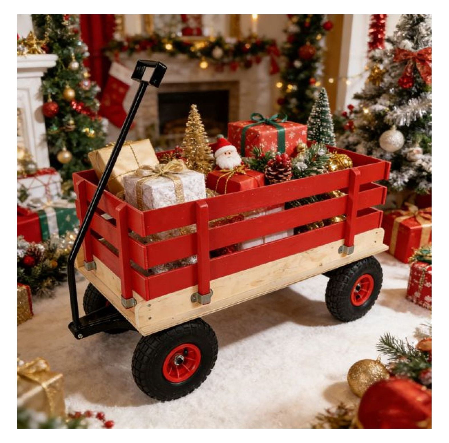 Red Wooden Wagon Cart - Folding Handle, Heavy Duty Outdoor Wagon ...