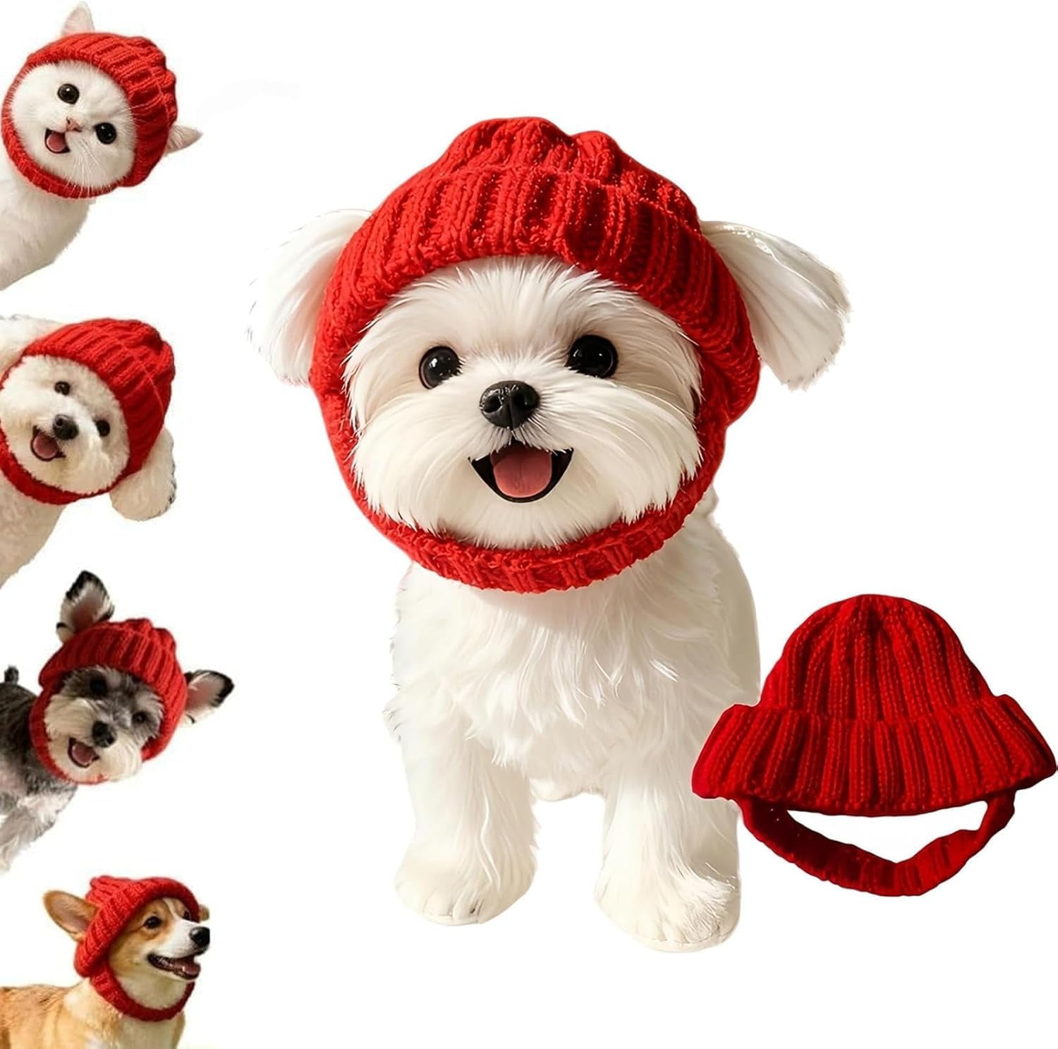 Red Wool Knit Dog Beanie with Ear Flaps - Warm Fleece-Lined Winter Pet ...