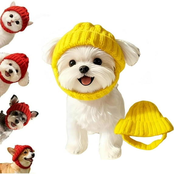 Red Wool Knit Dog Beanie with Ear Flaps - Warm Fleece-Lined Winter Pet ...