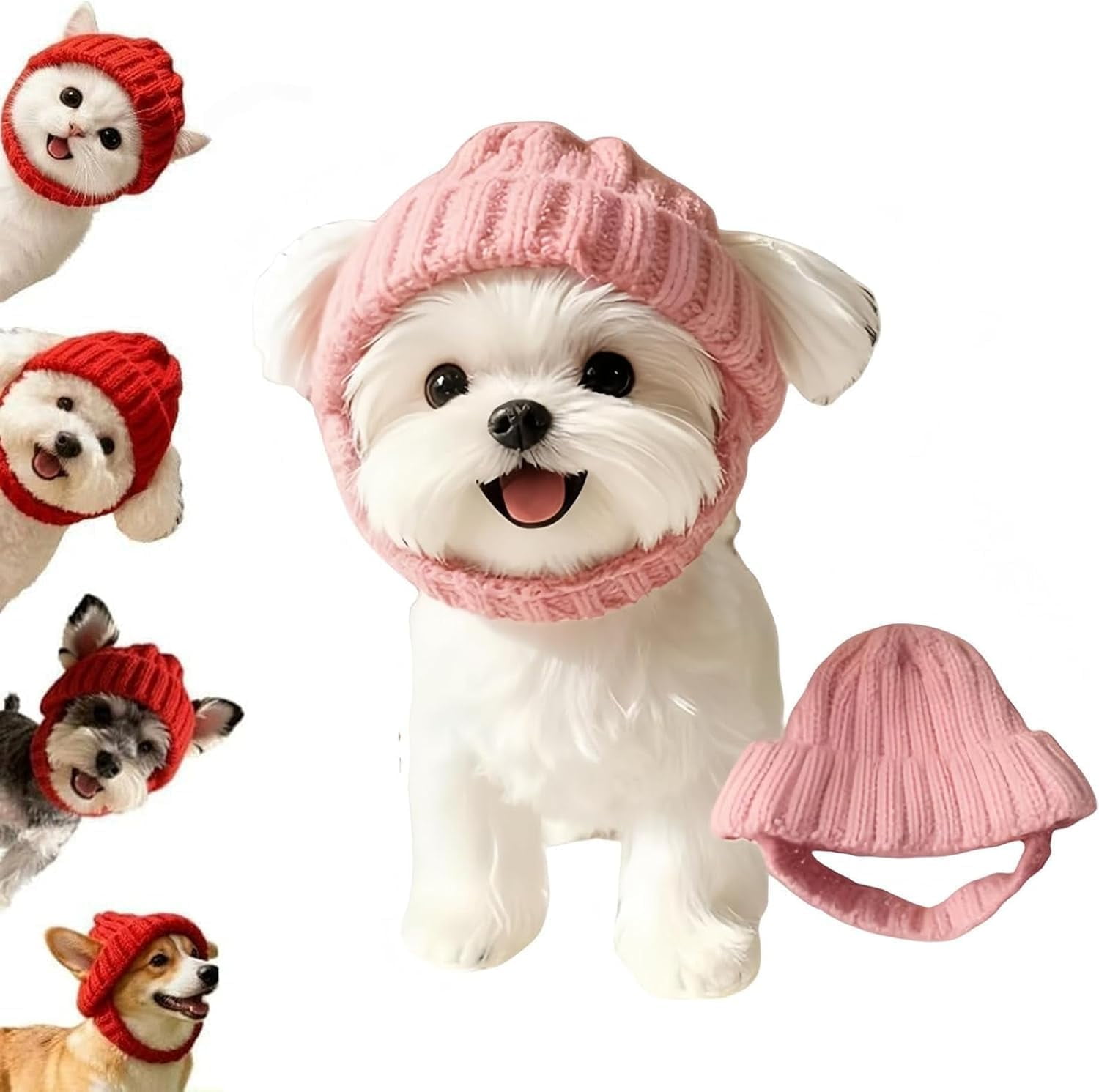 Red Wool Knit Dog Beanie with Ear Flaps - Warm Fleece-Lined Winter Pet ...