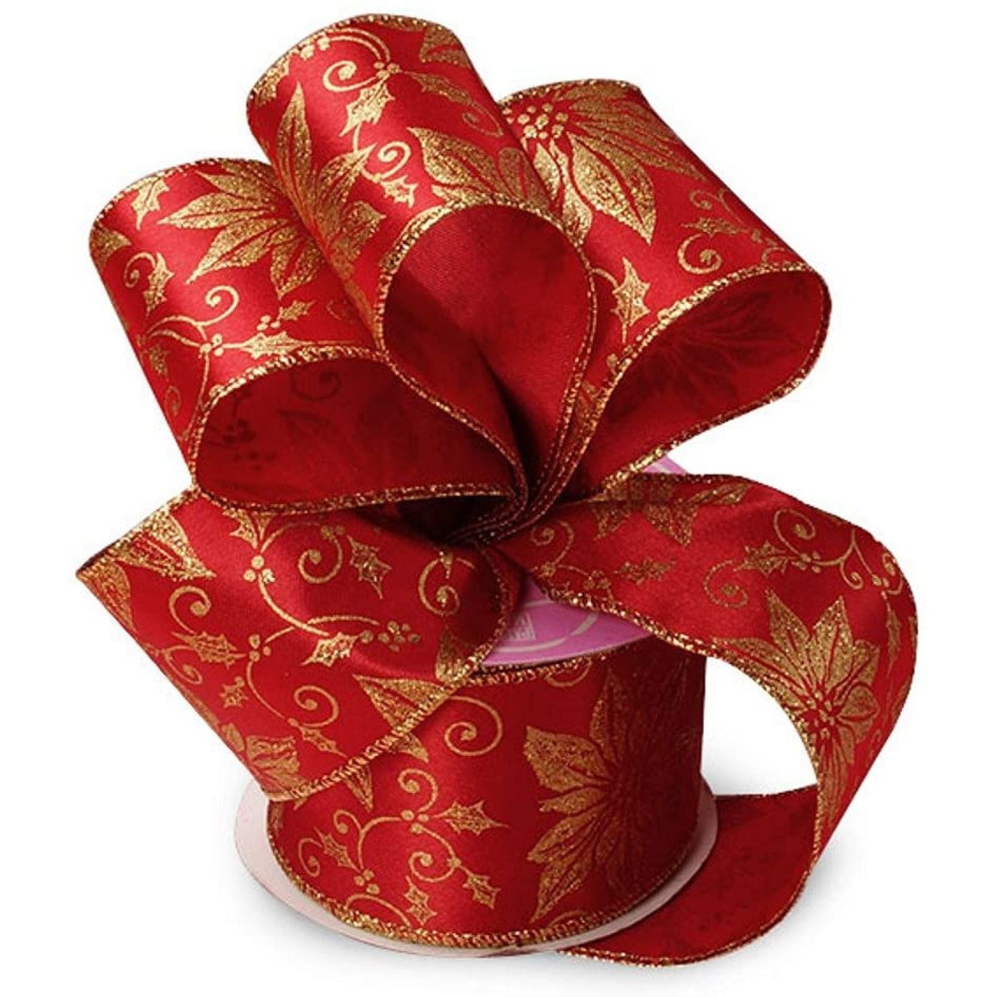 Red Wtih Gold Glitter Poinsettias Wired Satin Ribbon - 2 1/2in. Width x ...