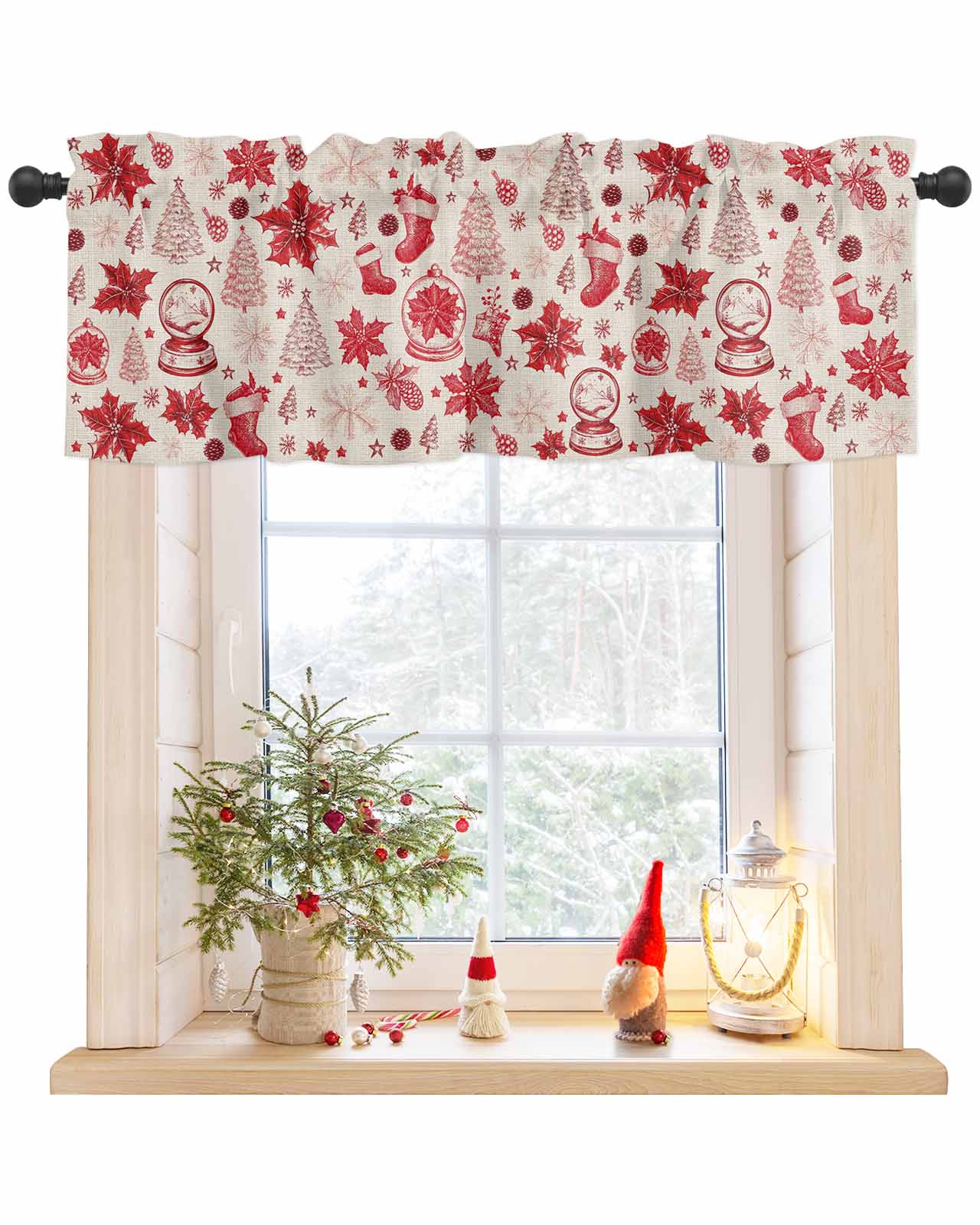 Red Xmas Stockings Poinsettia Flower Valance Curtains, Winter Tree Pine ...
