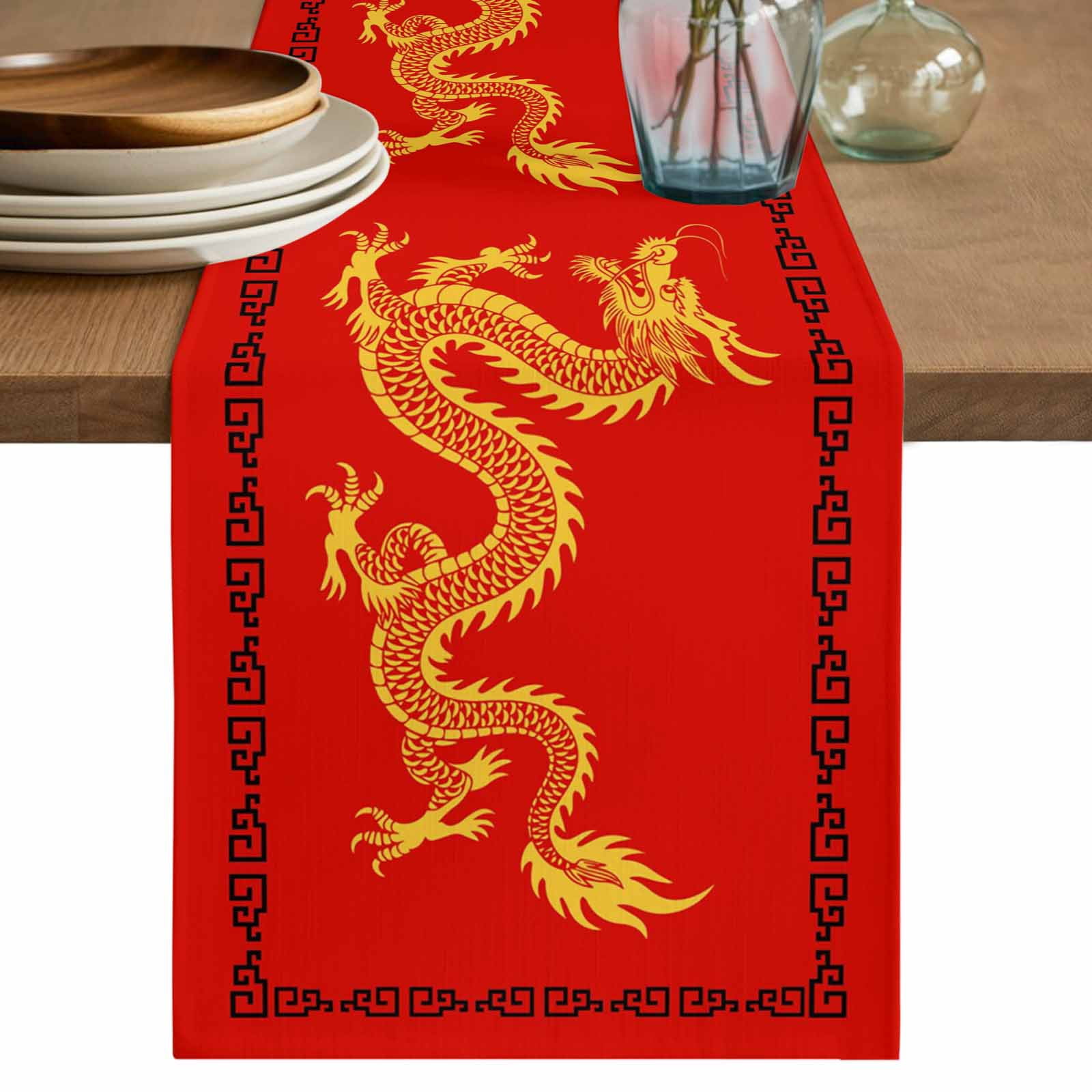 Red Yellow Dragon Table Runner, Happy New Year Washable Cotton Linen ...