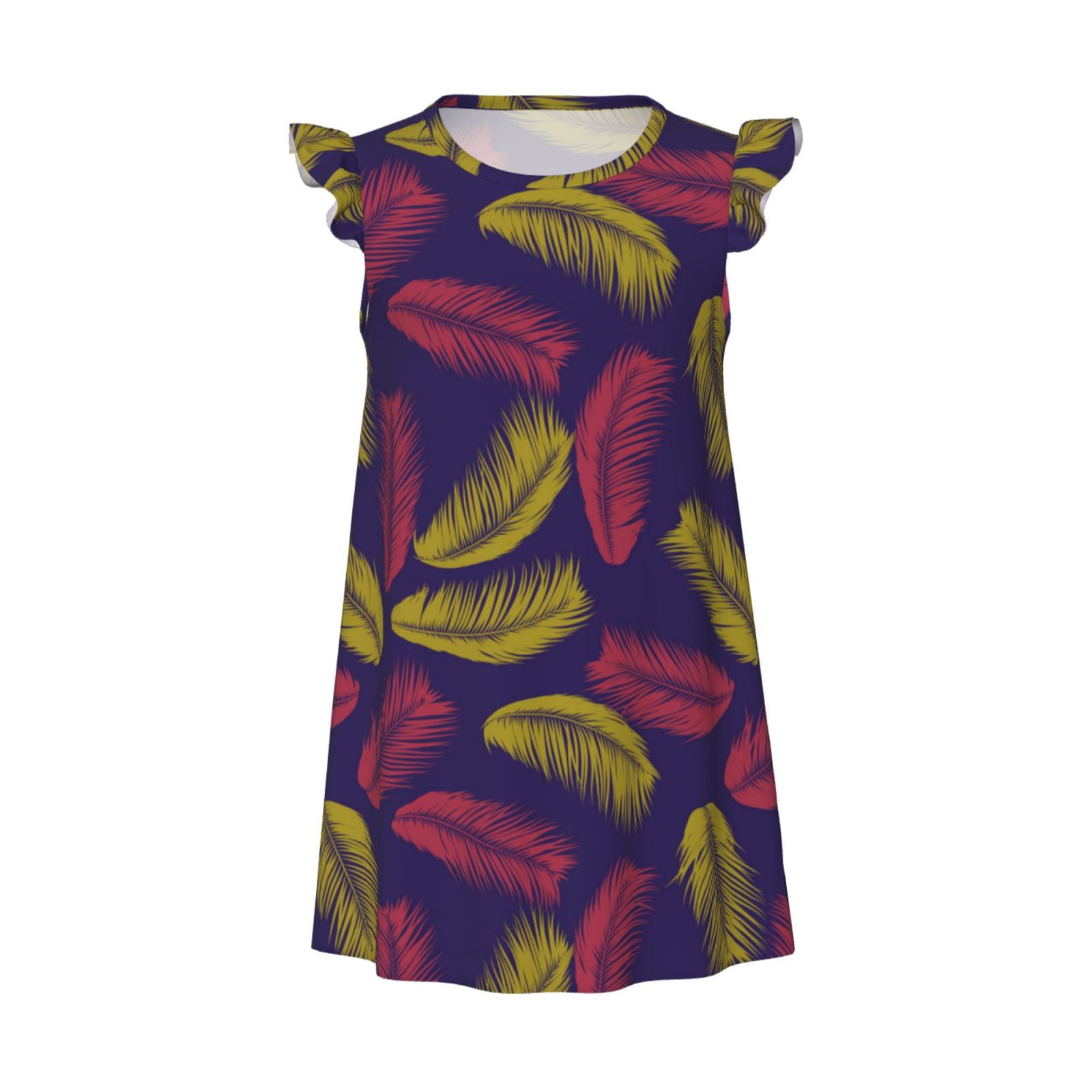 Red Yellow Feather Girls Nightgown, Flutter Short Sleeves Night Dress ...