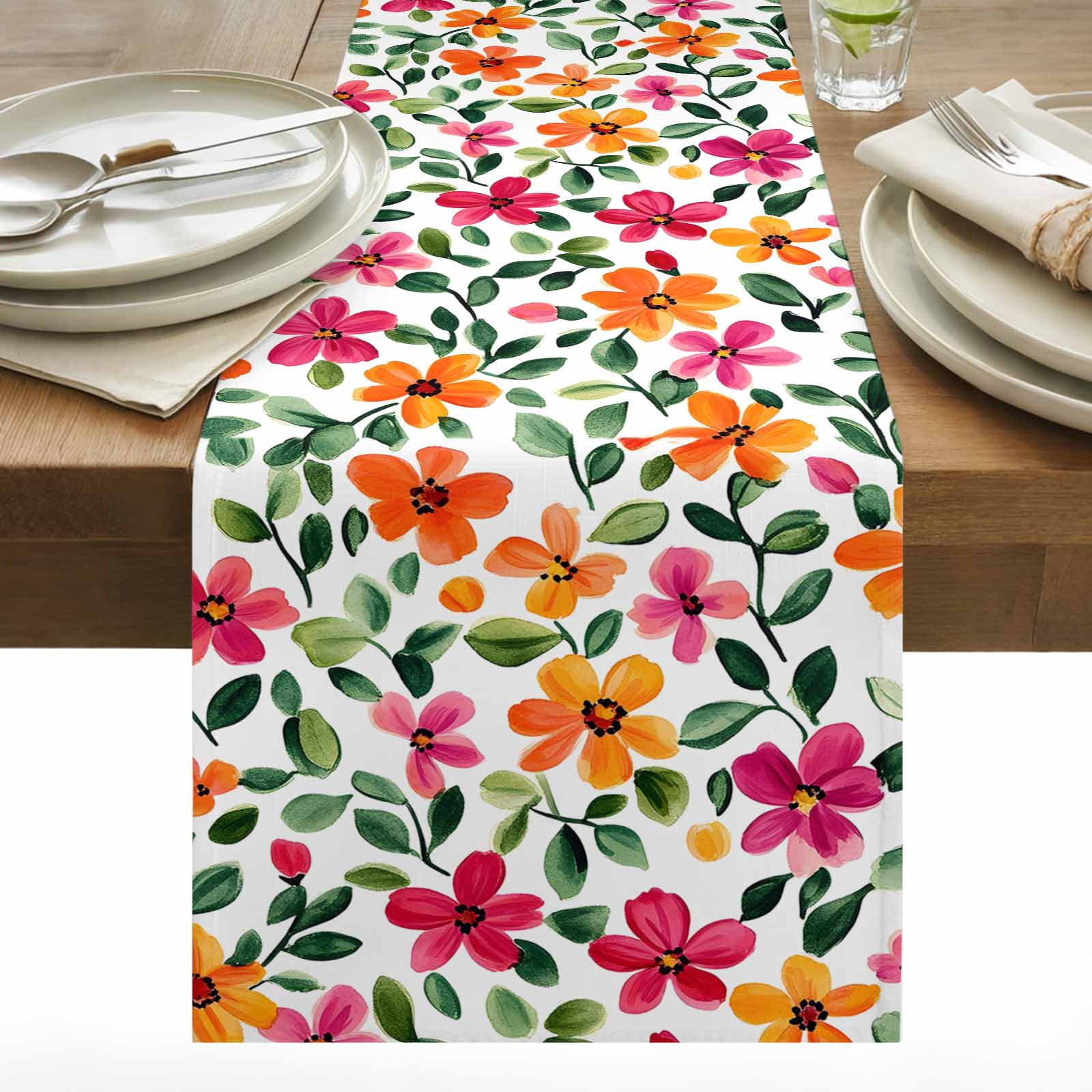 Red Yellow Floral Cotton Linen Table Runner Retro Spring Leaves Flowers ...