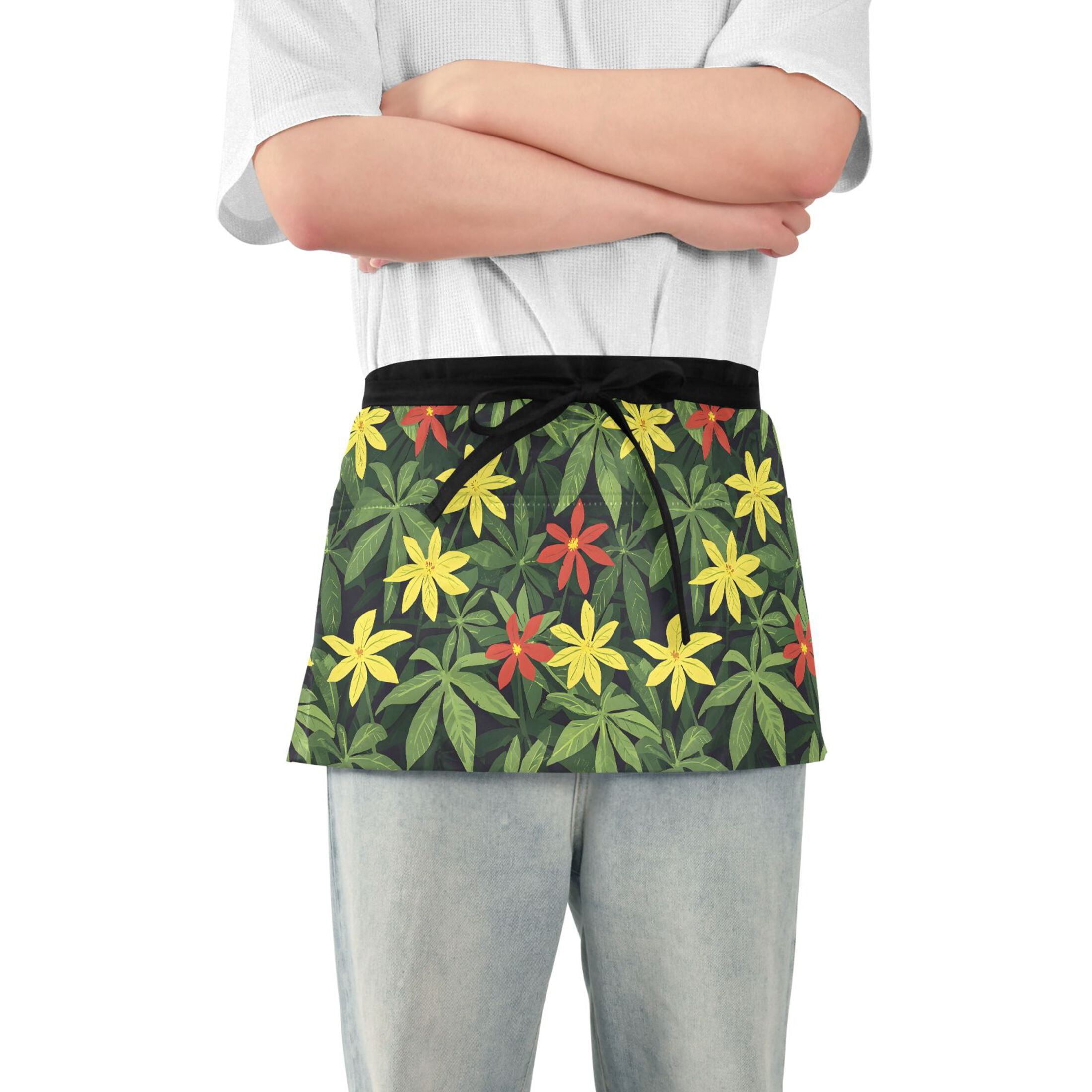 Red Yellow Flower and Leaves Server Apron with 3 Pockets Waterproof ...