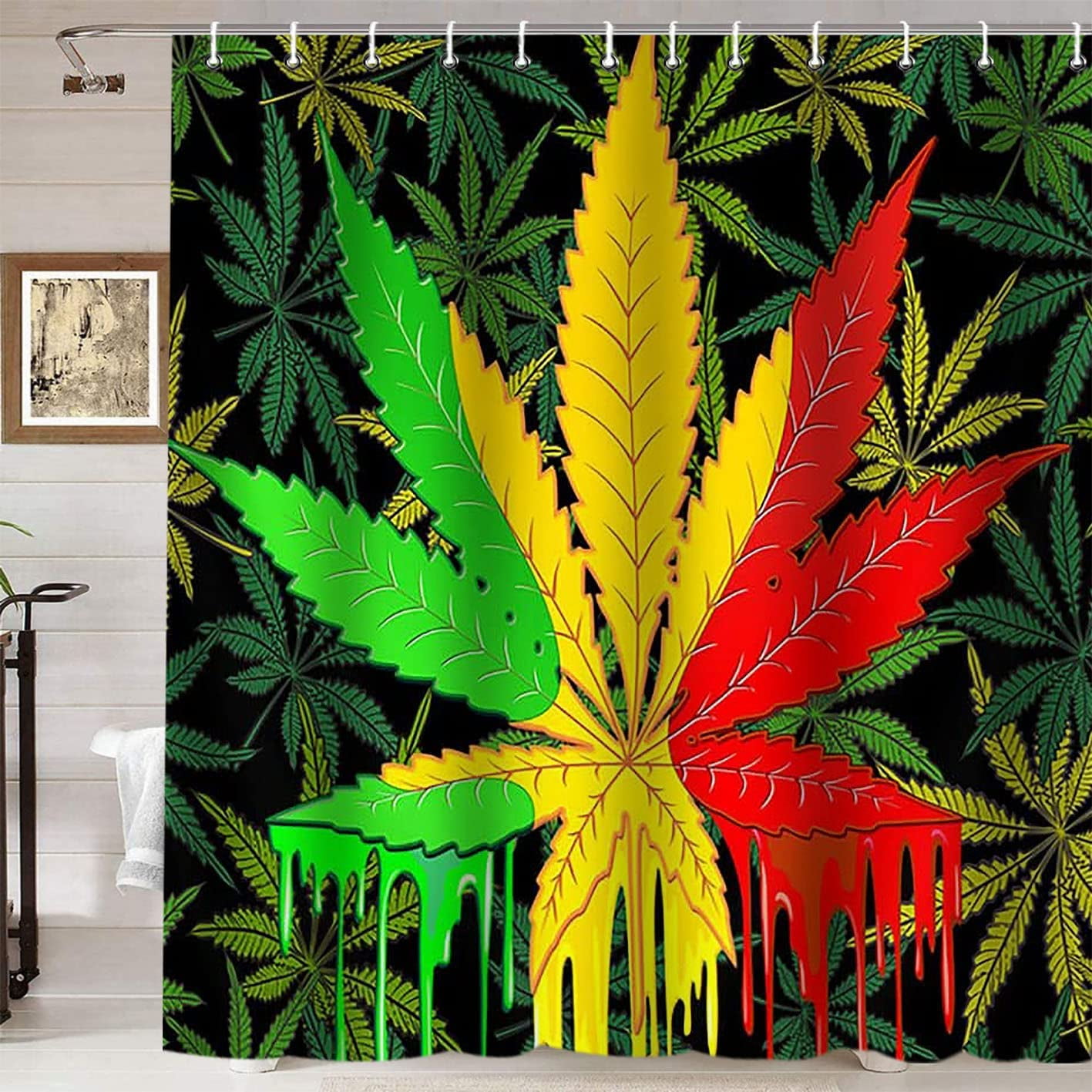 Red Yellow Green Leaf Shower Curtain, Jamaican Rasta Reggae Trippy ...