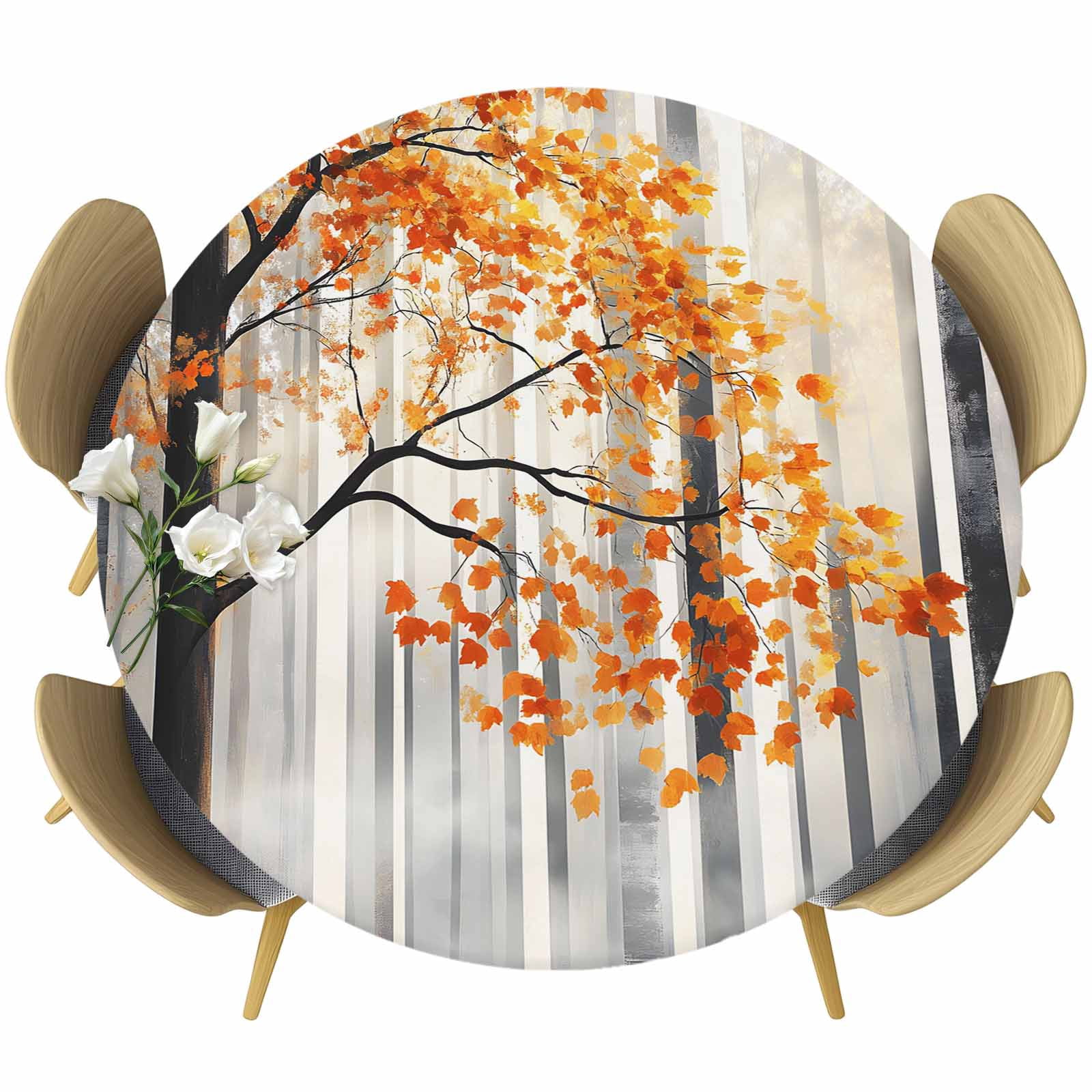 Red Yellow Leaves Fall Round Tablecloth, Fitted Table Cover with ...