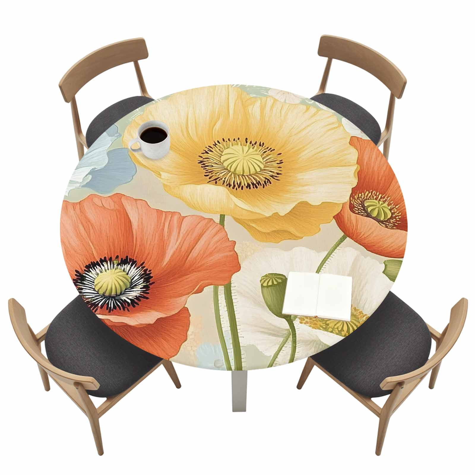 Red Yellow Round Fitted Tablecloth with Elastic Edge White Poppy ...