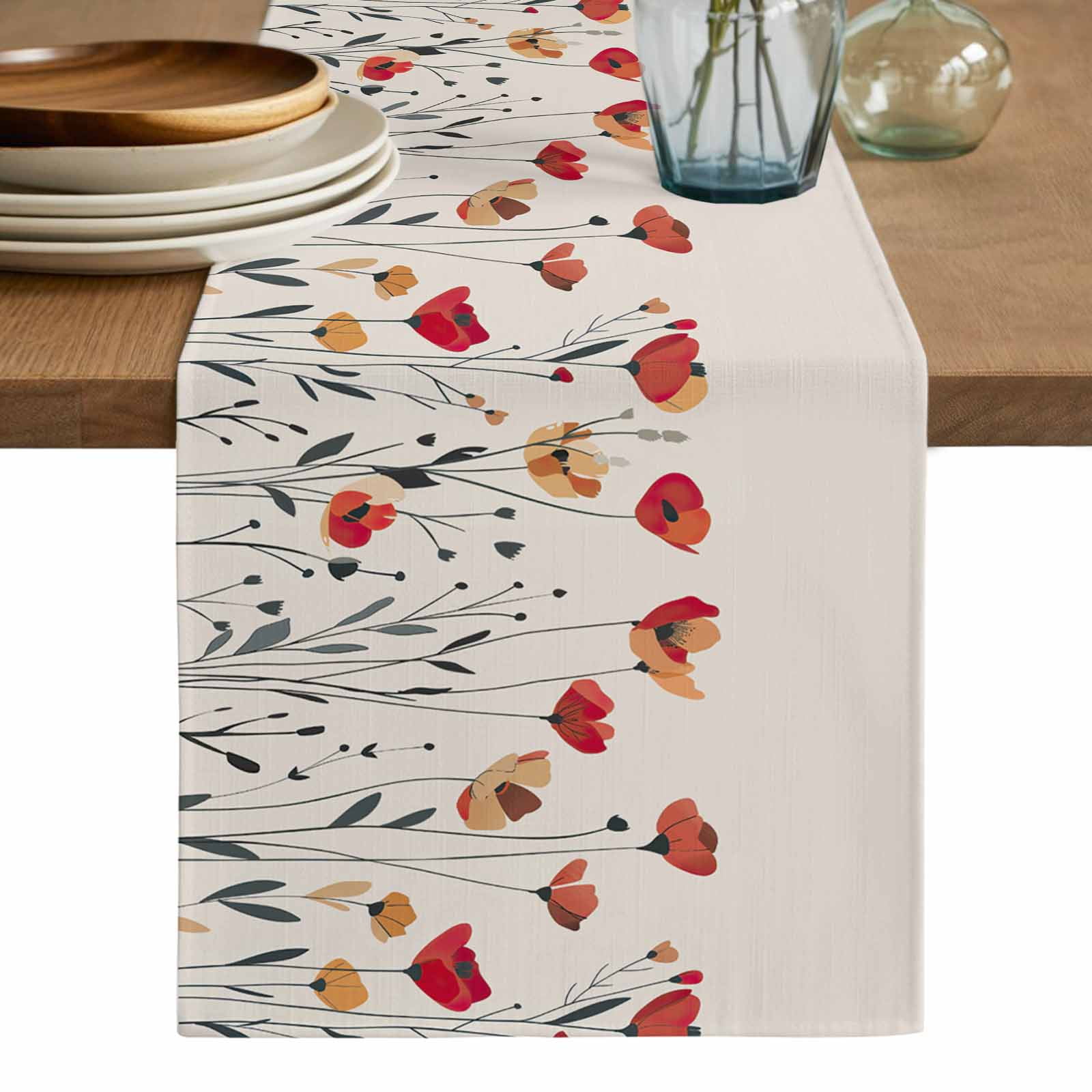 Red Yellow Spring Floral Table Runner, Modern Abstract Art Washable ...