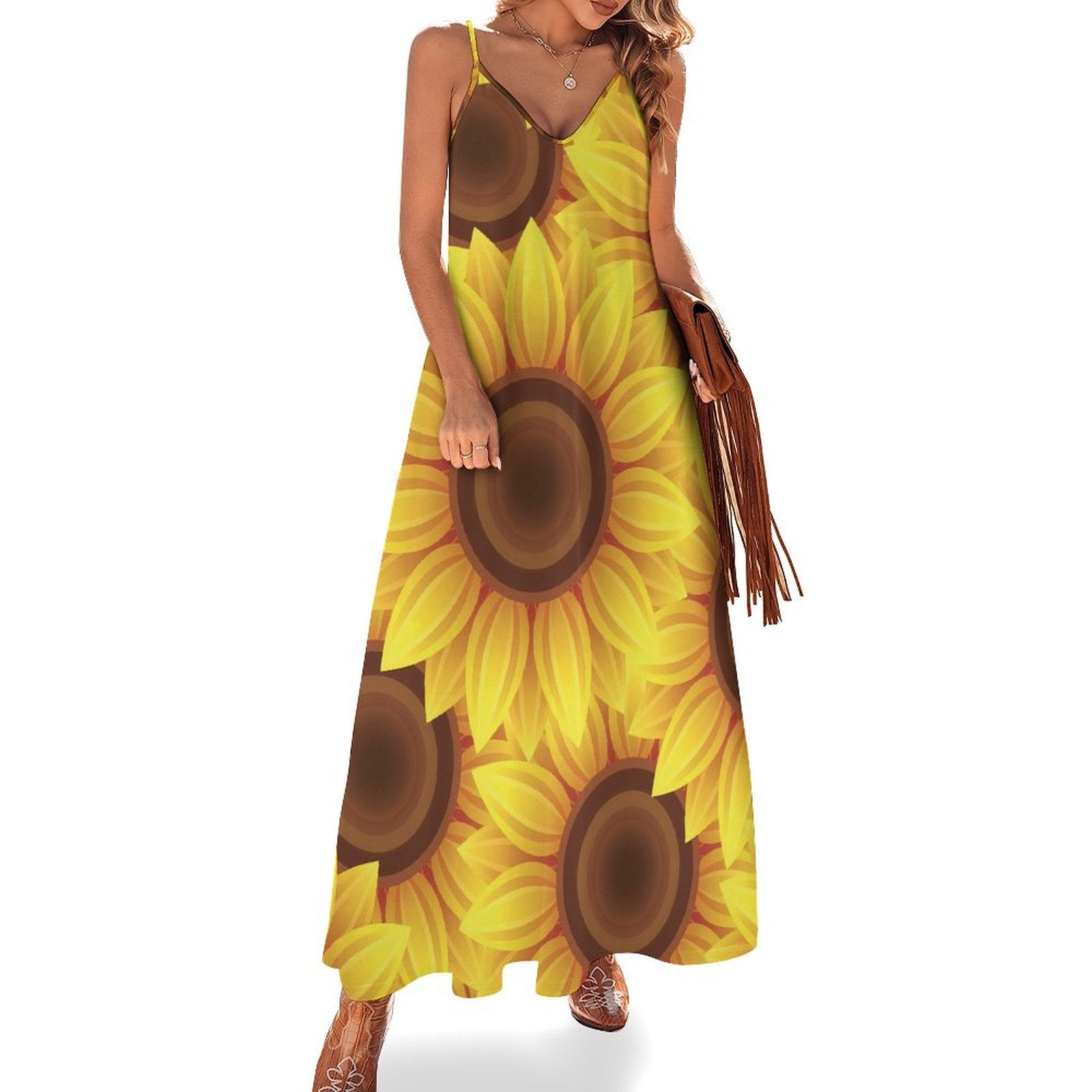 Red Yellow Sunflower Dress Colorful Flowers Aesthetic V Neck Boho Beach ...