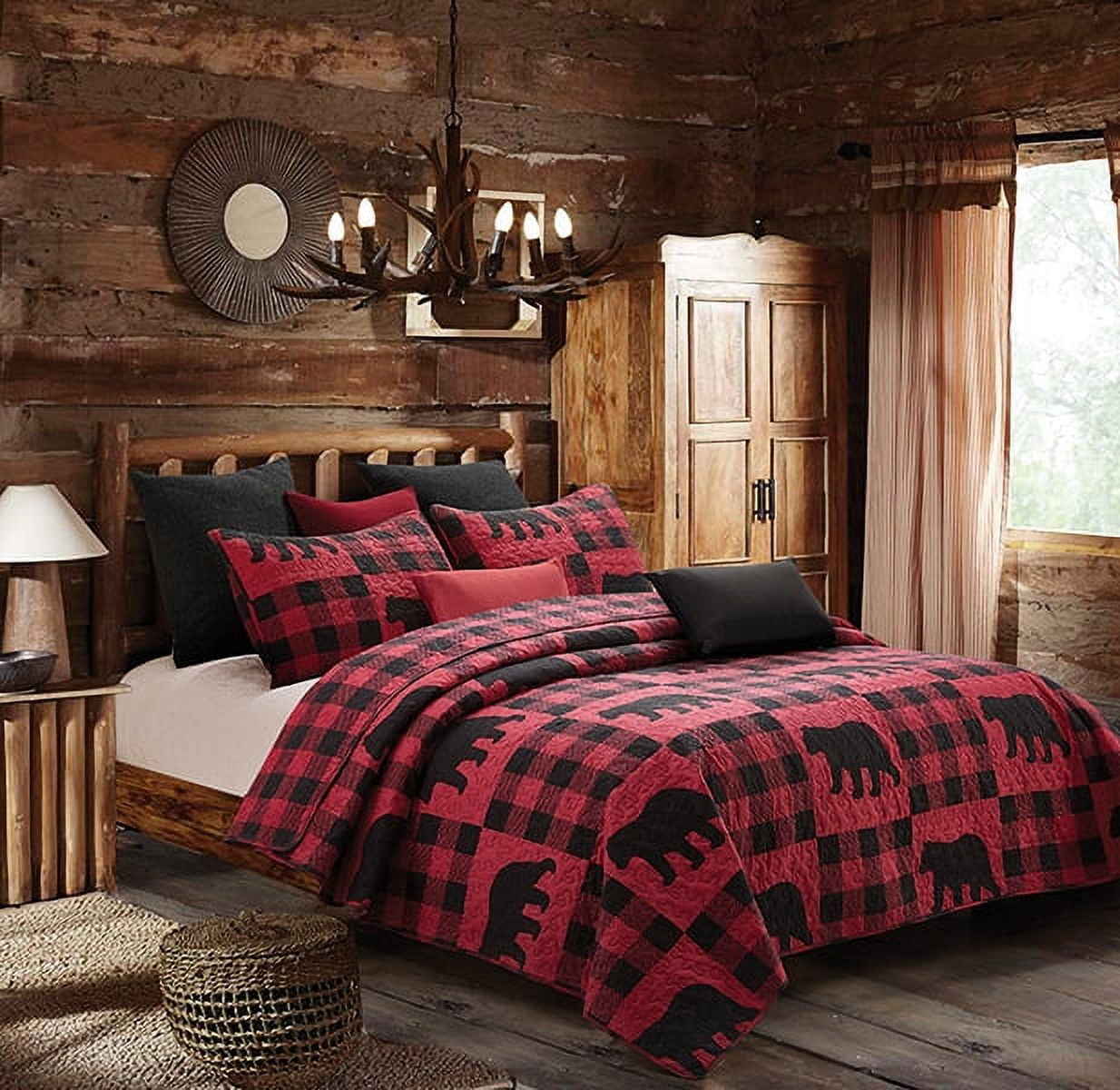 Red and Black Black Bear Plaid Patchwork Quilt and Sham Set Queen ...