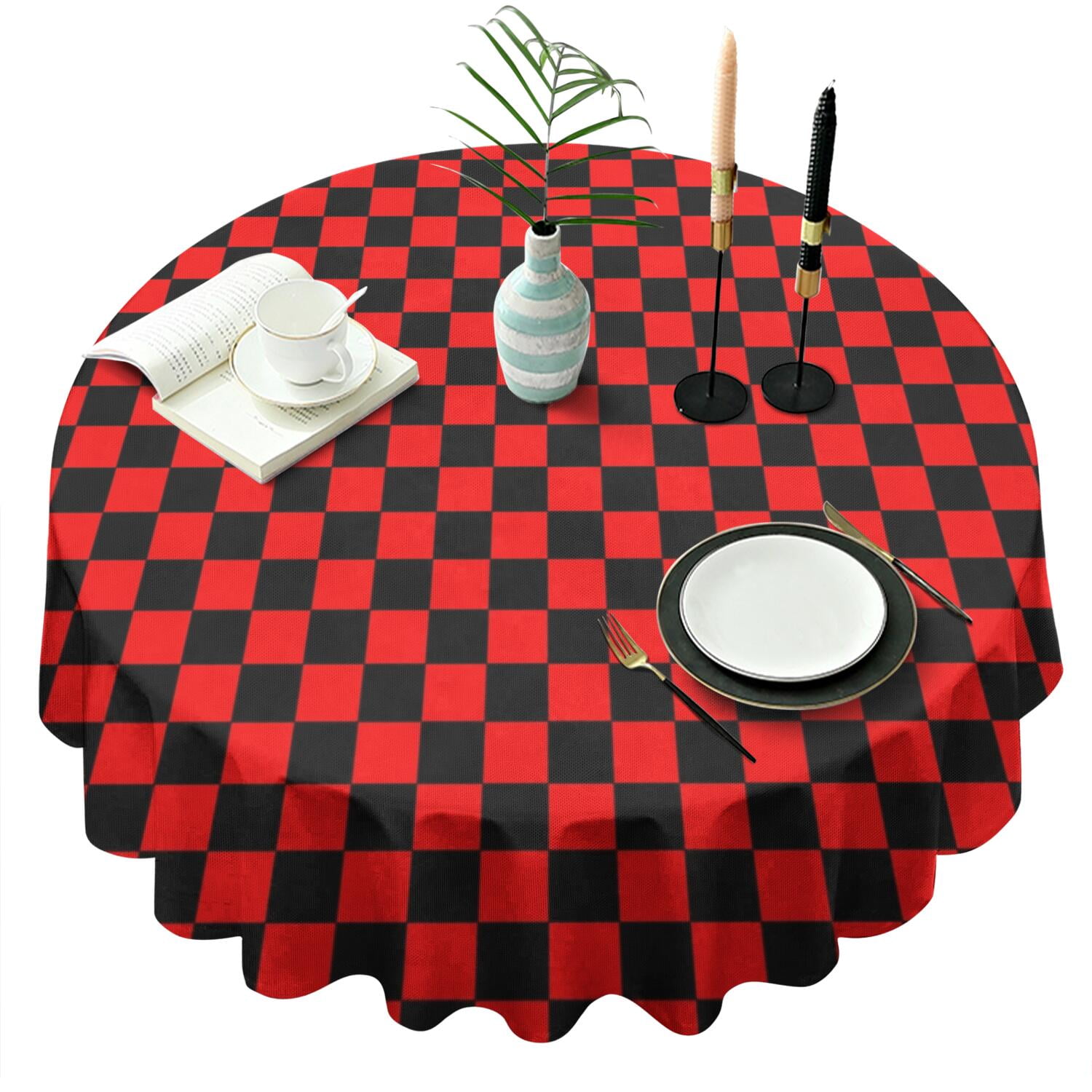 Red and Black Checkered Pattern Round Tablecloth 60"x60",Wrinkle ...