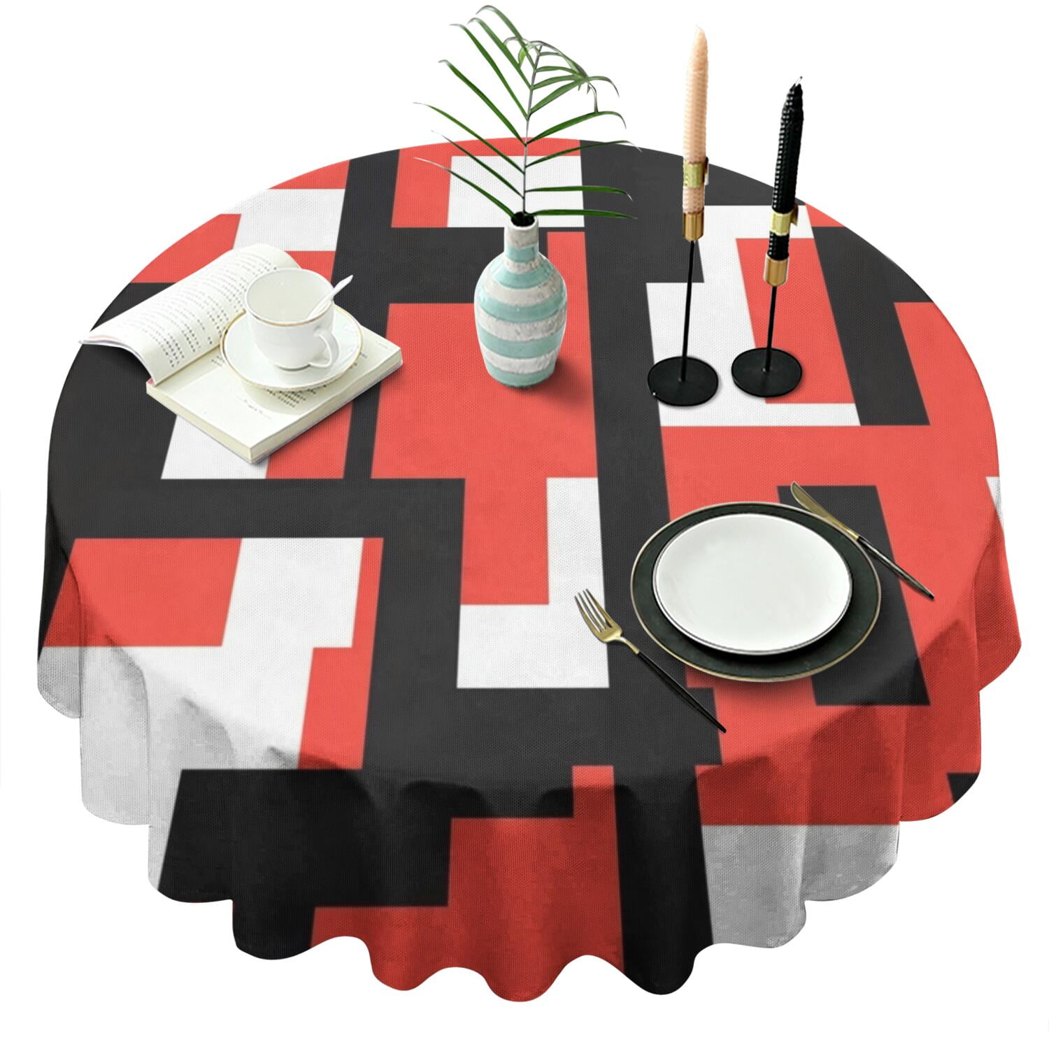 Red and Black Modern Art Geometric Round Tablecloth 60" X 60",Wrinkle ...