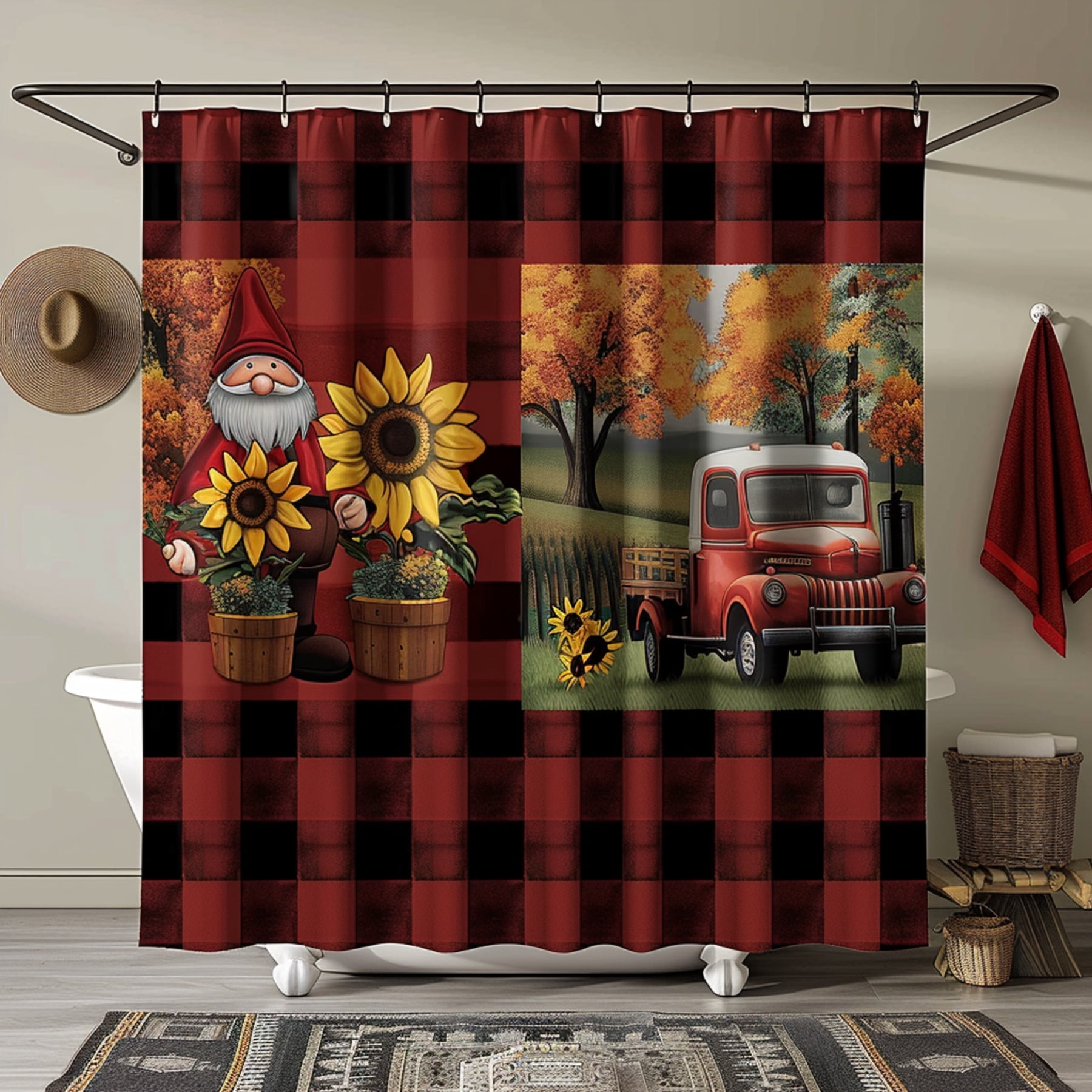 Red and Black Sunflower Shower Curtain with Gnomes and Vintage Farm ...