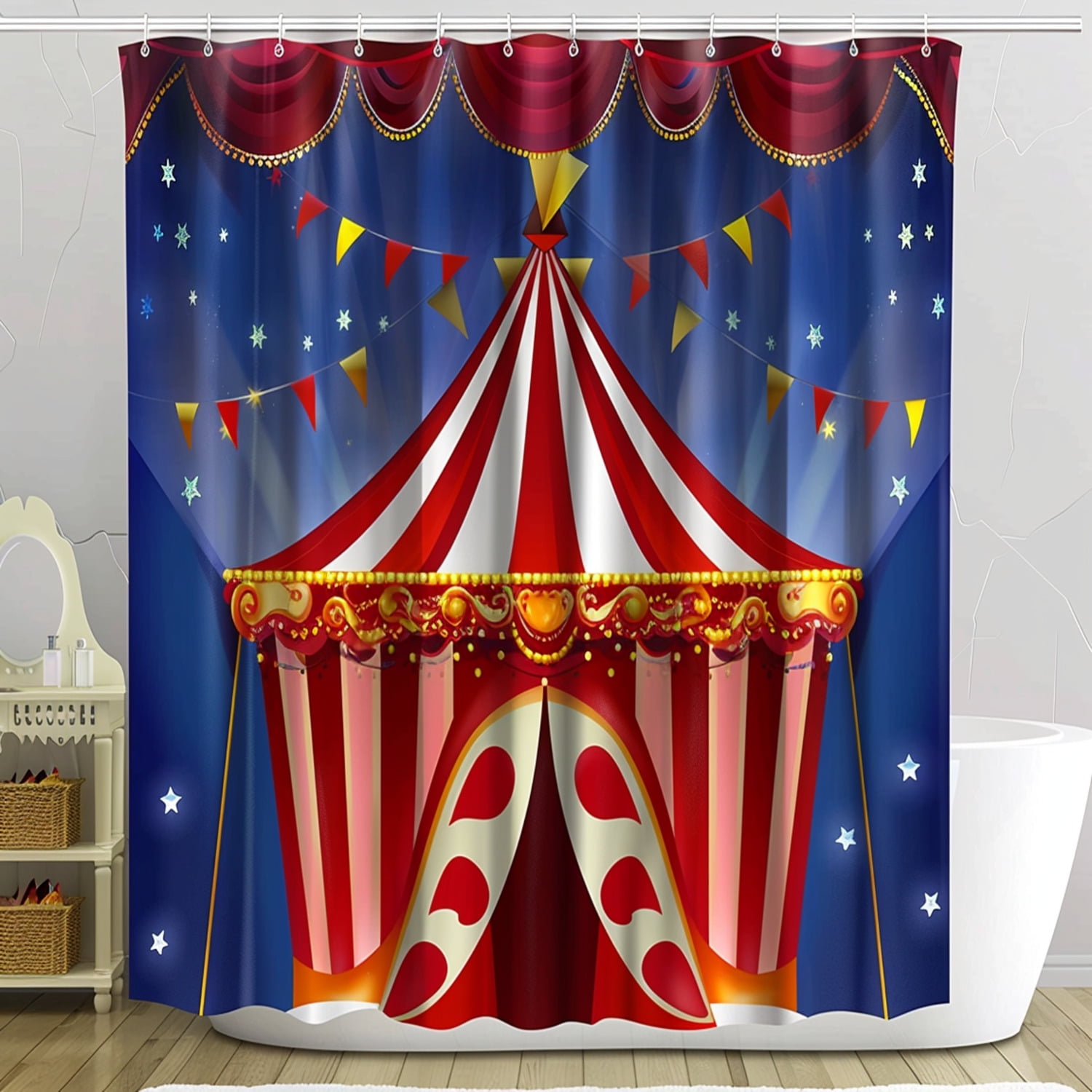 Red And Blue Cartoon Style Shower Curtain Set Ching Bathroom Circus
