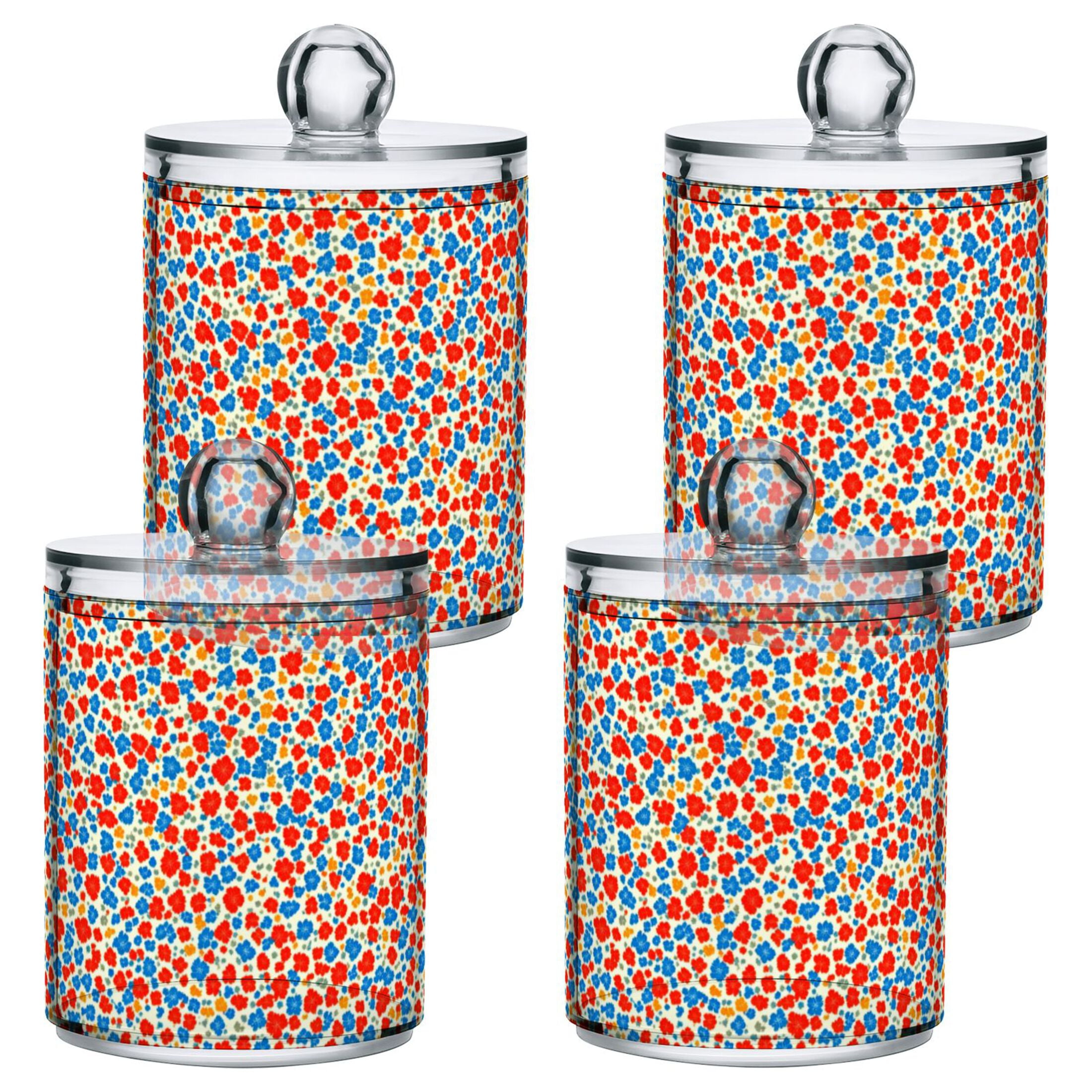 Red and Blue Floral Pattern Bathroom Canisters Set of 4 Translucent Plastic Storage for Cotton ...