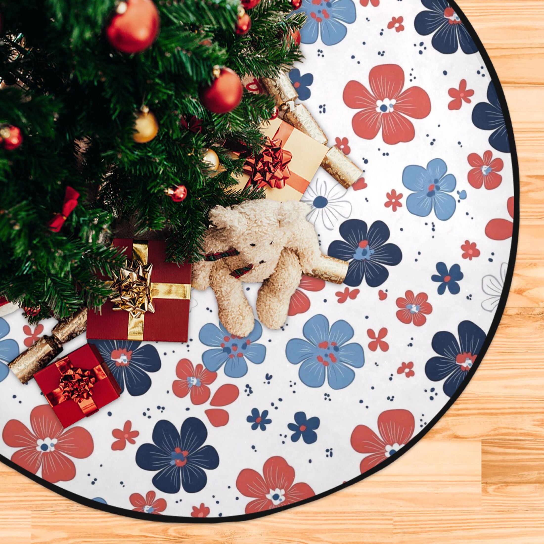 Red and Blue Flower Christmas Tree Stand Mat Waterproof Floor ...