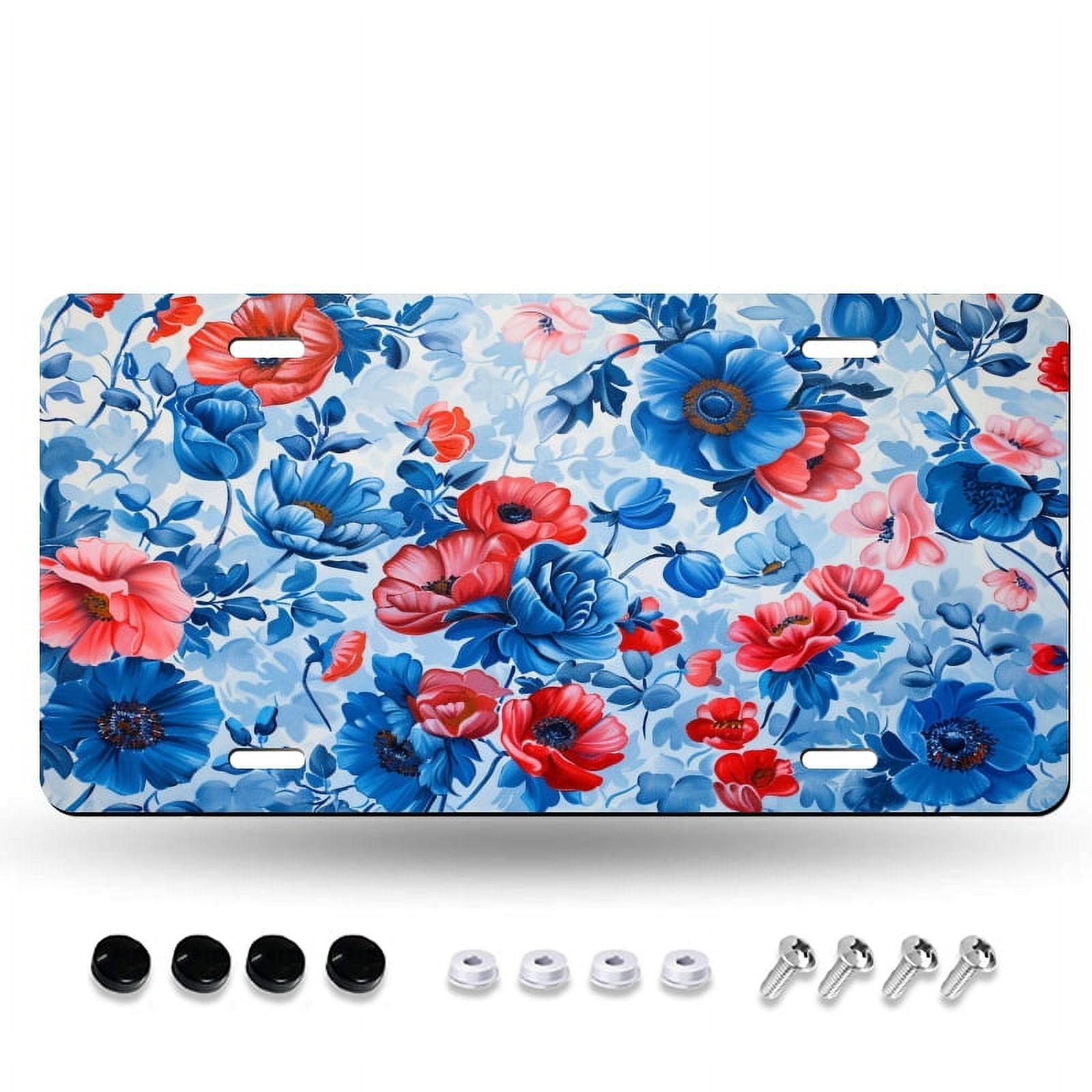 Red and Blue Flowers on White Background License Plate Frame ...