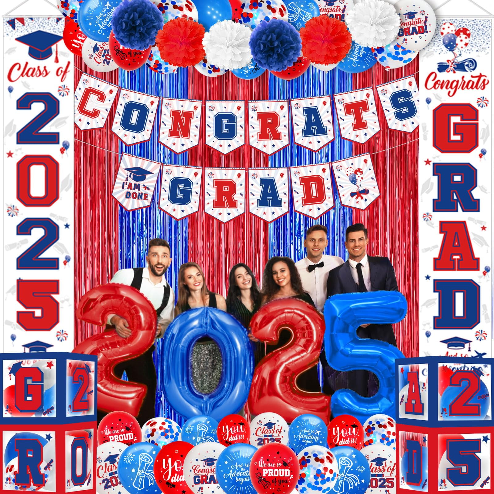 Red and Blue Graduation SSF20 Decorations 2025 Congrats Grad Banner ...