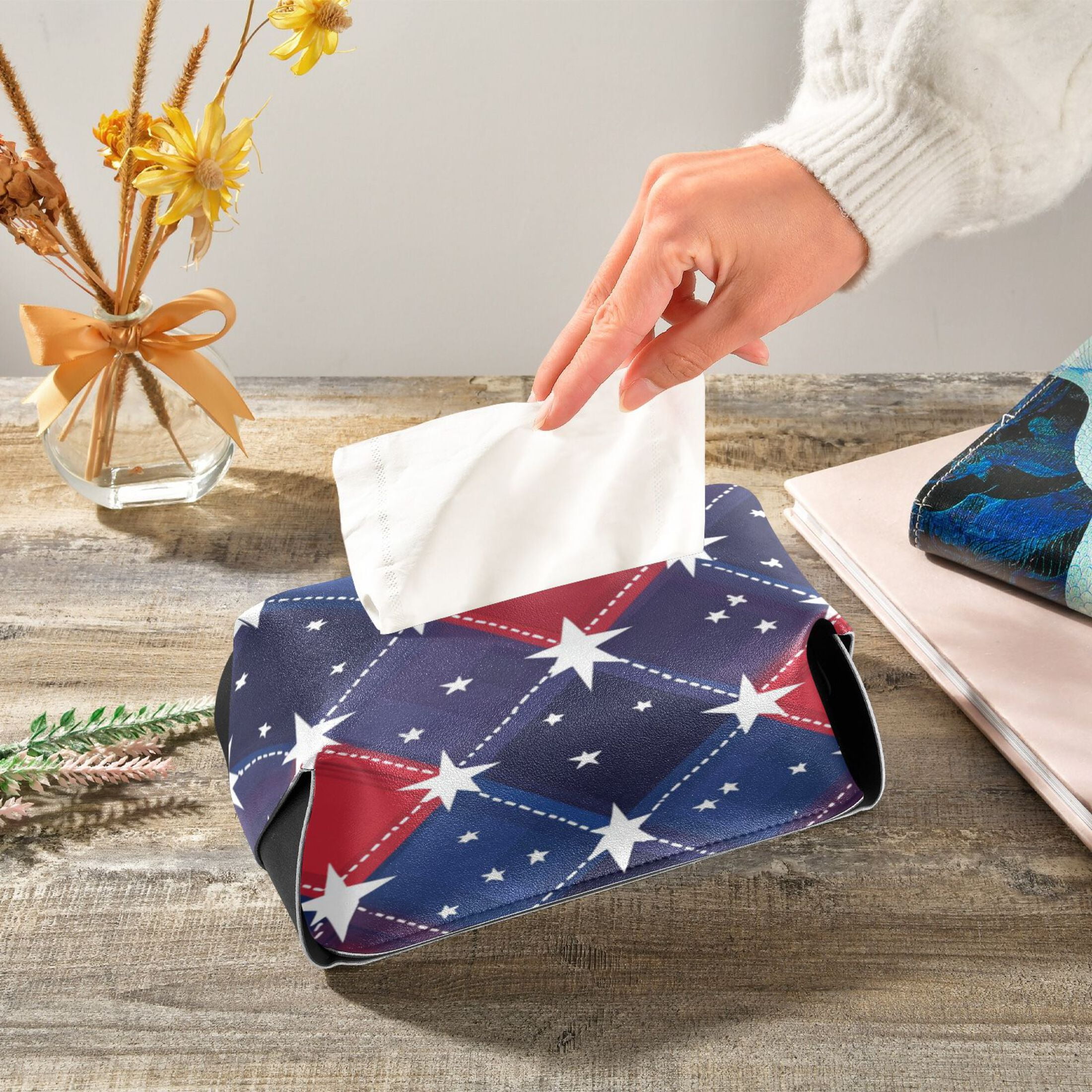 Red and Blue Plaids Stars Leather Tissue Box Cover Rectangle Tissue ...