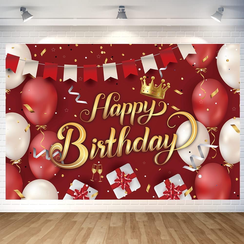 Red and Gold Birthday Paty Backdrop Red and Gold Happy Birthday Banner ...