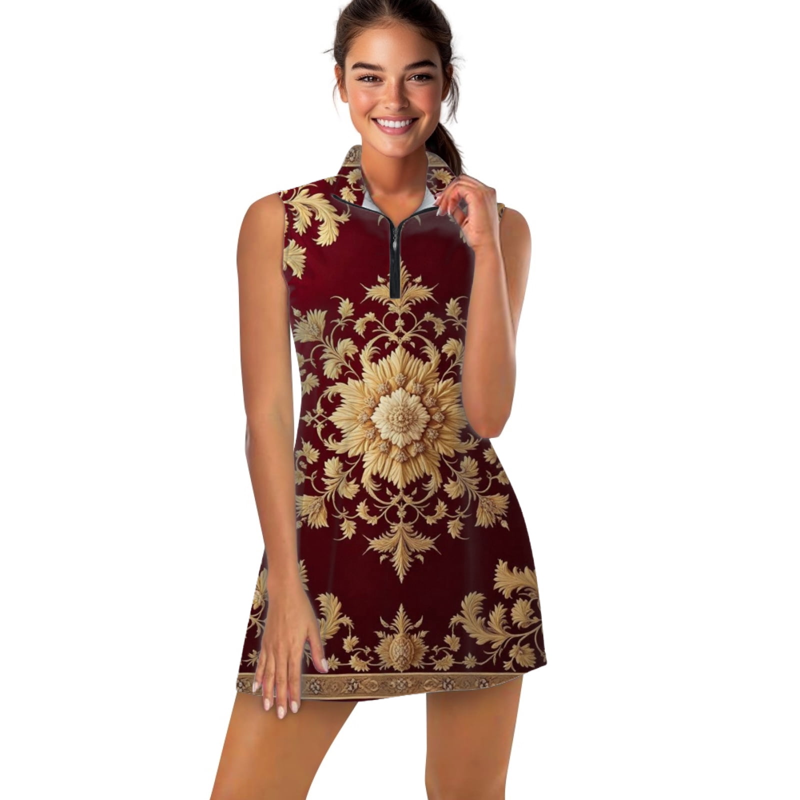 Red and Gold Floral Pattern Sports Dresses Women Tennis Dress with ...