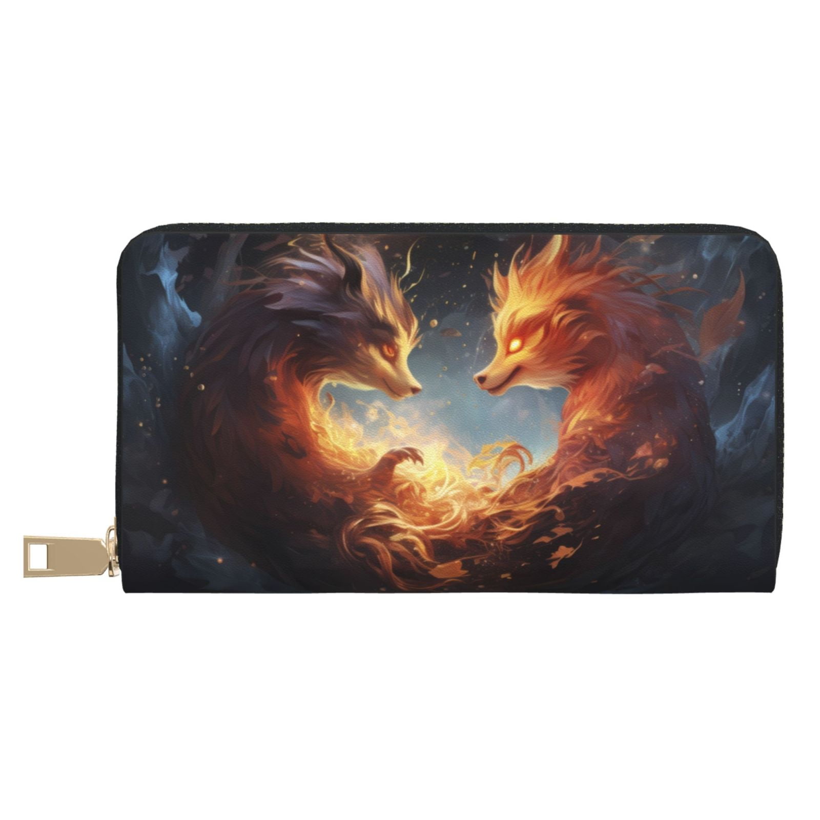 Red and Gray Flame Fox Wallet Women, Leather Bifold Multi Card Wallet ...