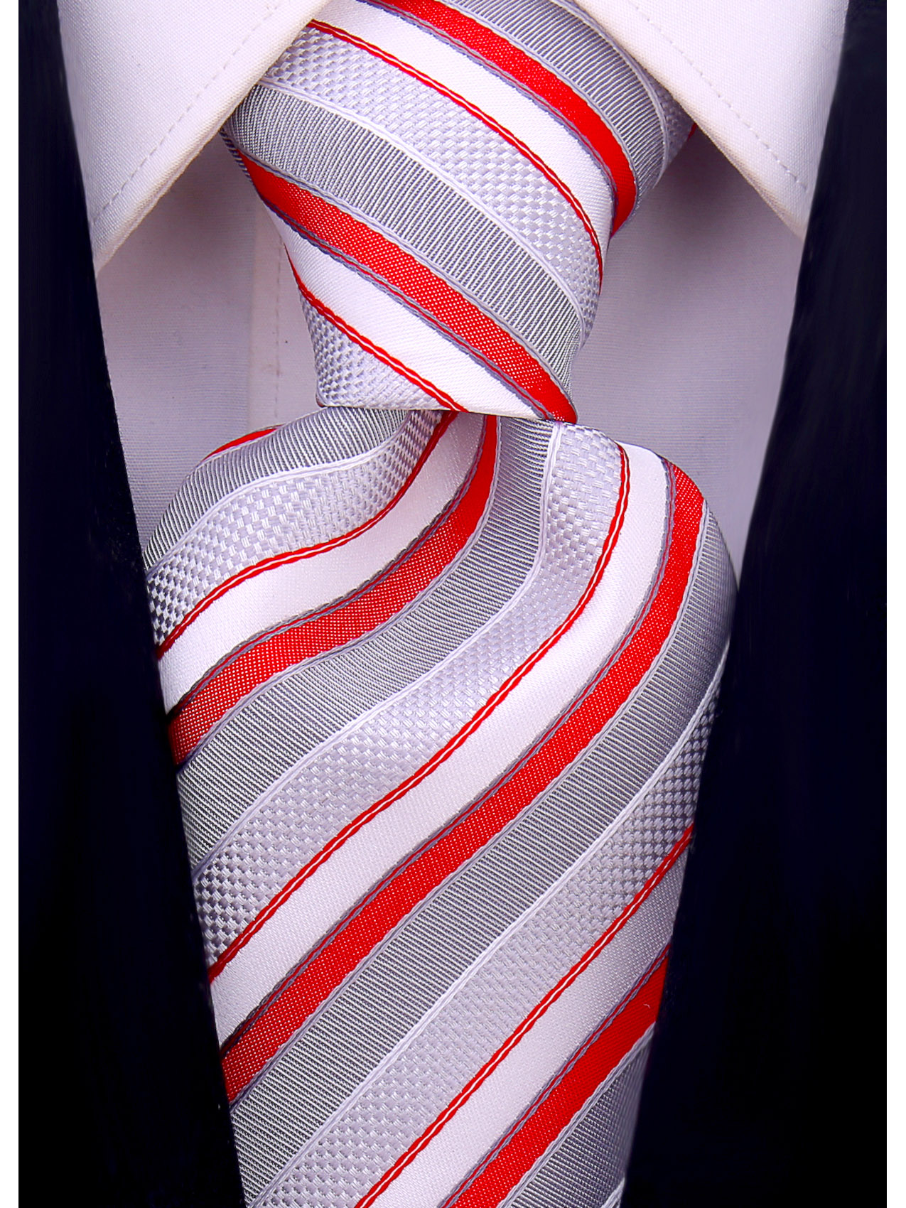 Red and Gray Necktie for Him - Red Jacquard Woven Striped Tie - Grey ...
